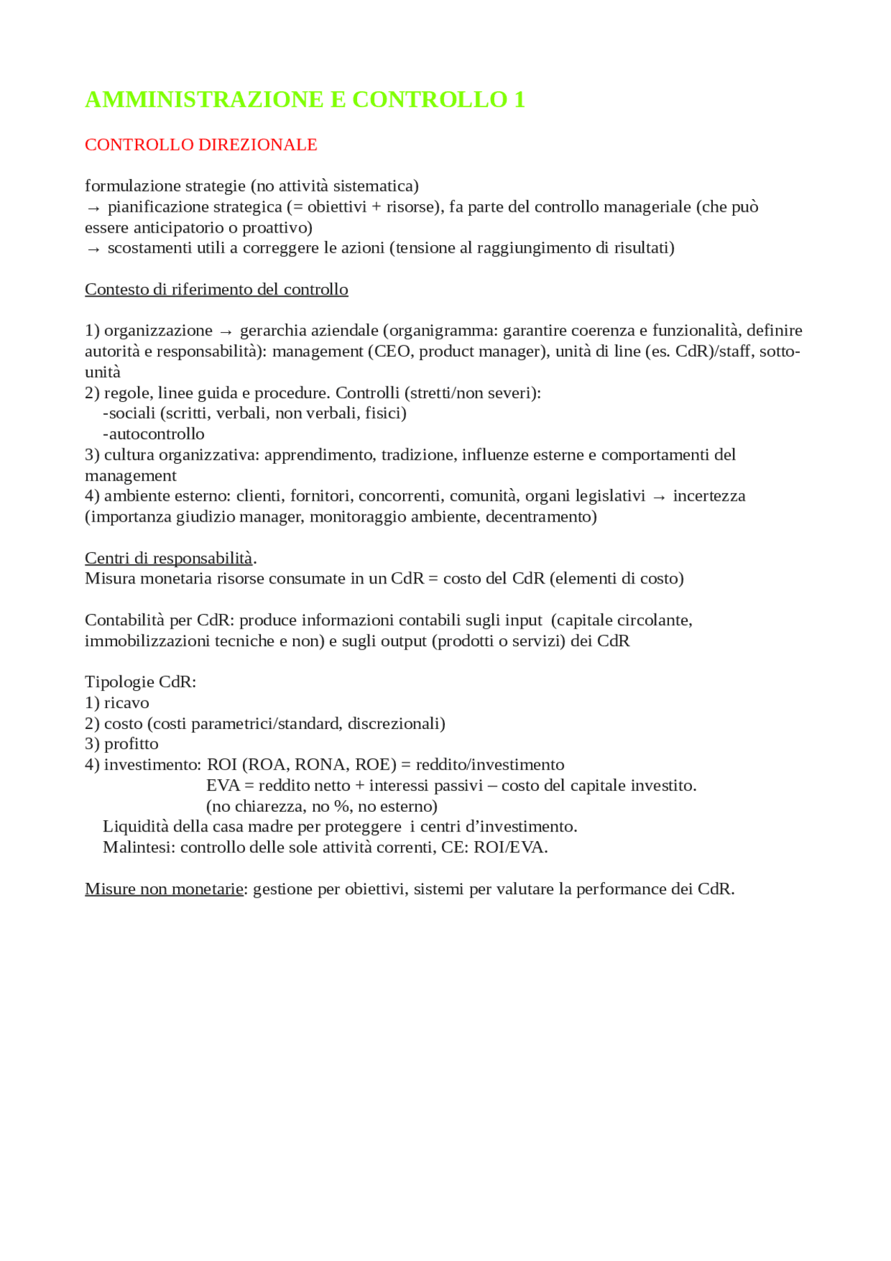 Amministrazione E Controllo Riassunto Parte Lazzini Unimore Docsity