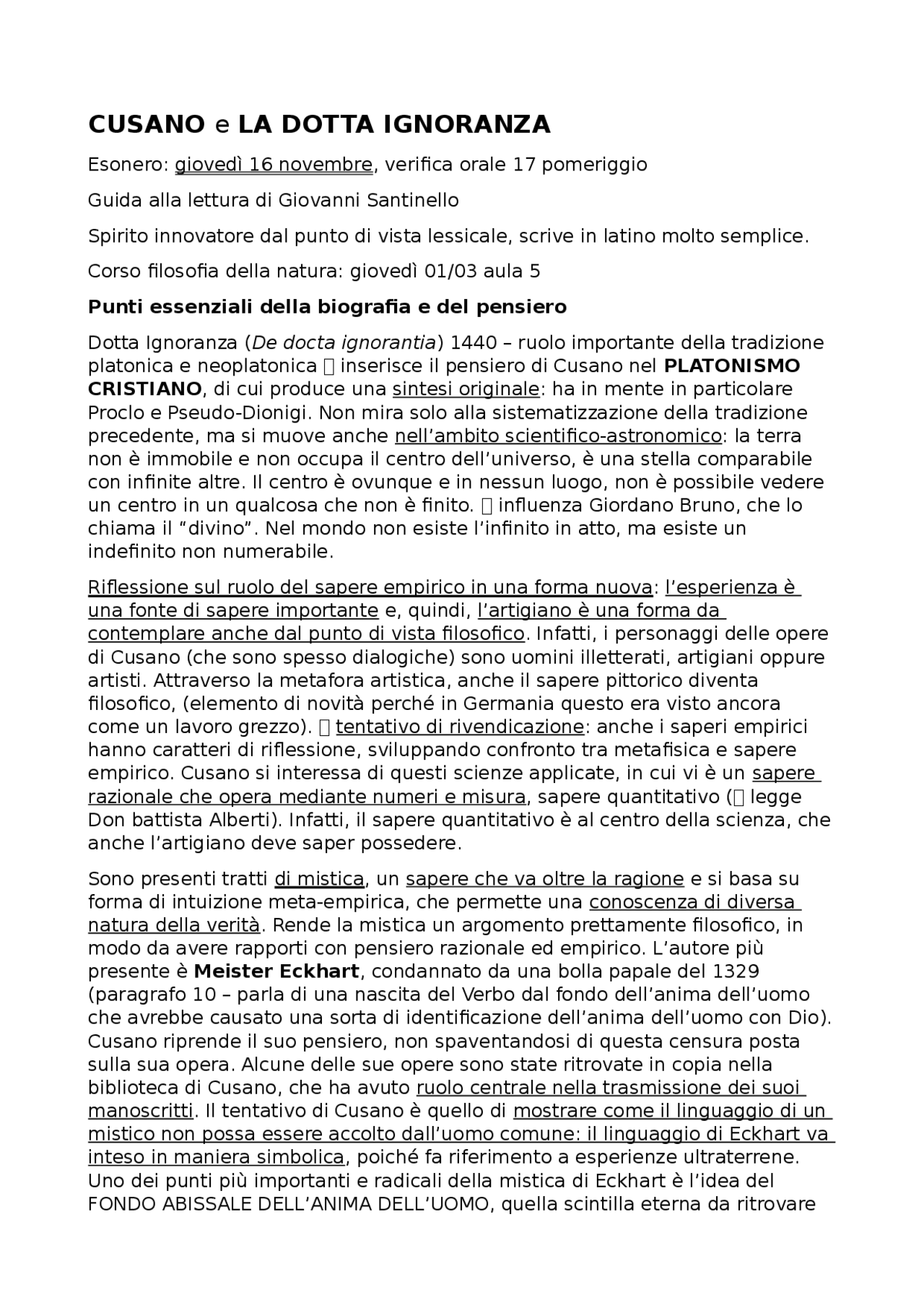 Appunti Su Cusano E La Dotta Ignoranza Docsity
