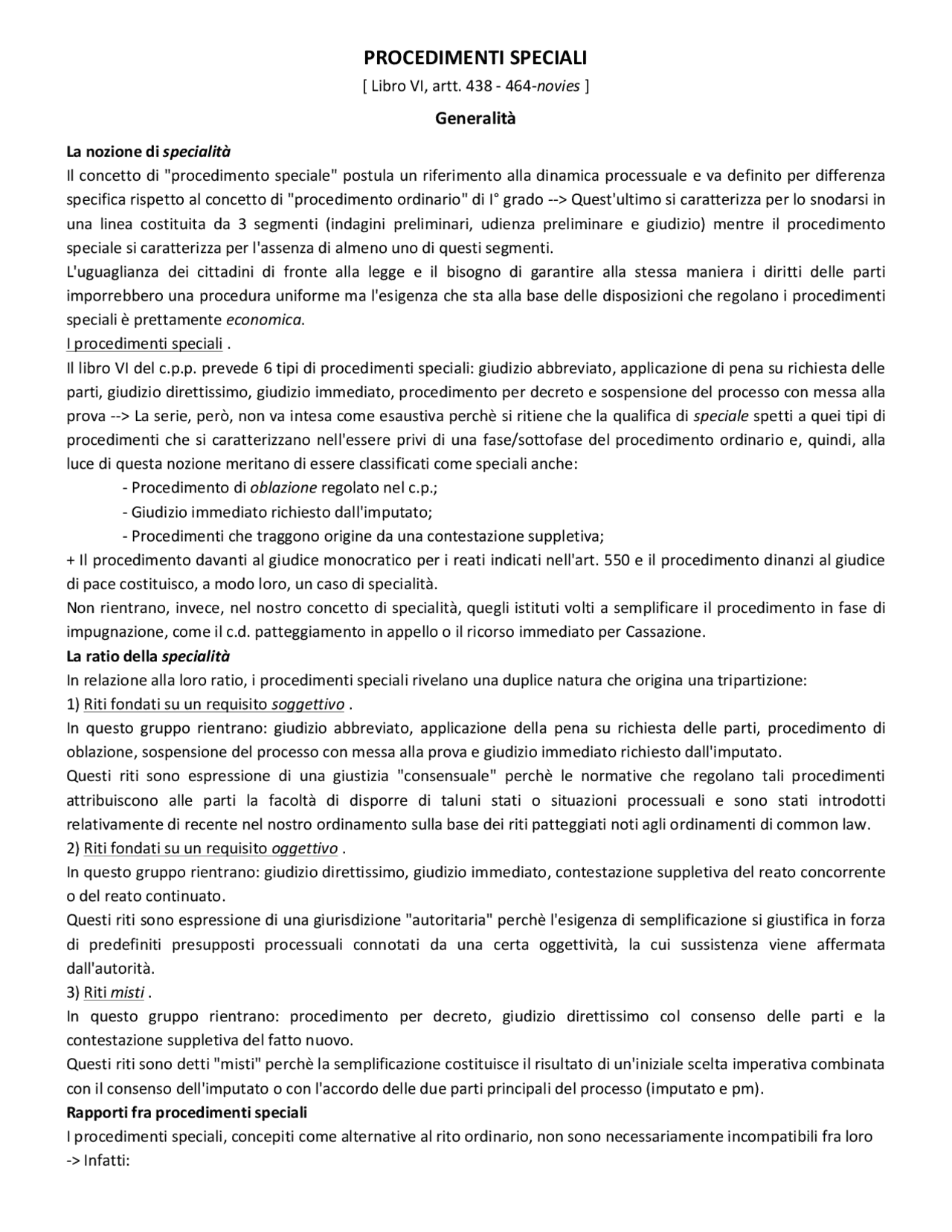 Procedura Penale I Procedimenti Speciali Docsity
