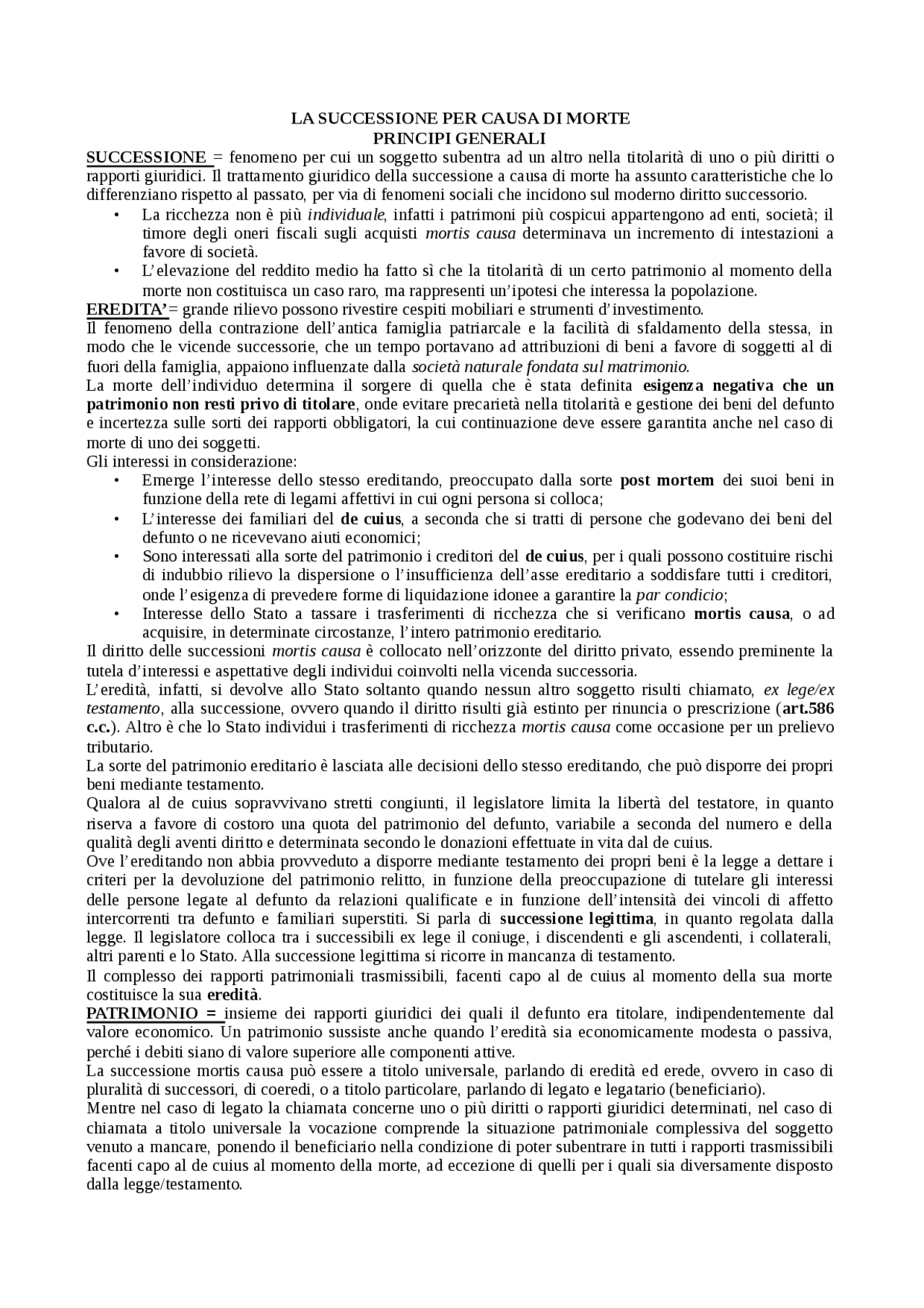 La successione per causa di morte - Docsity