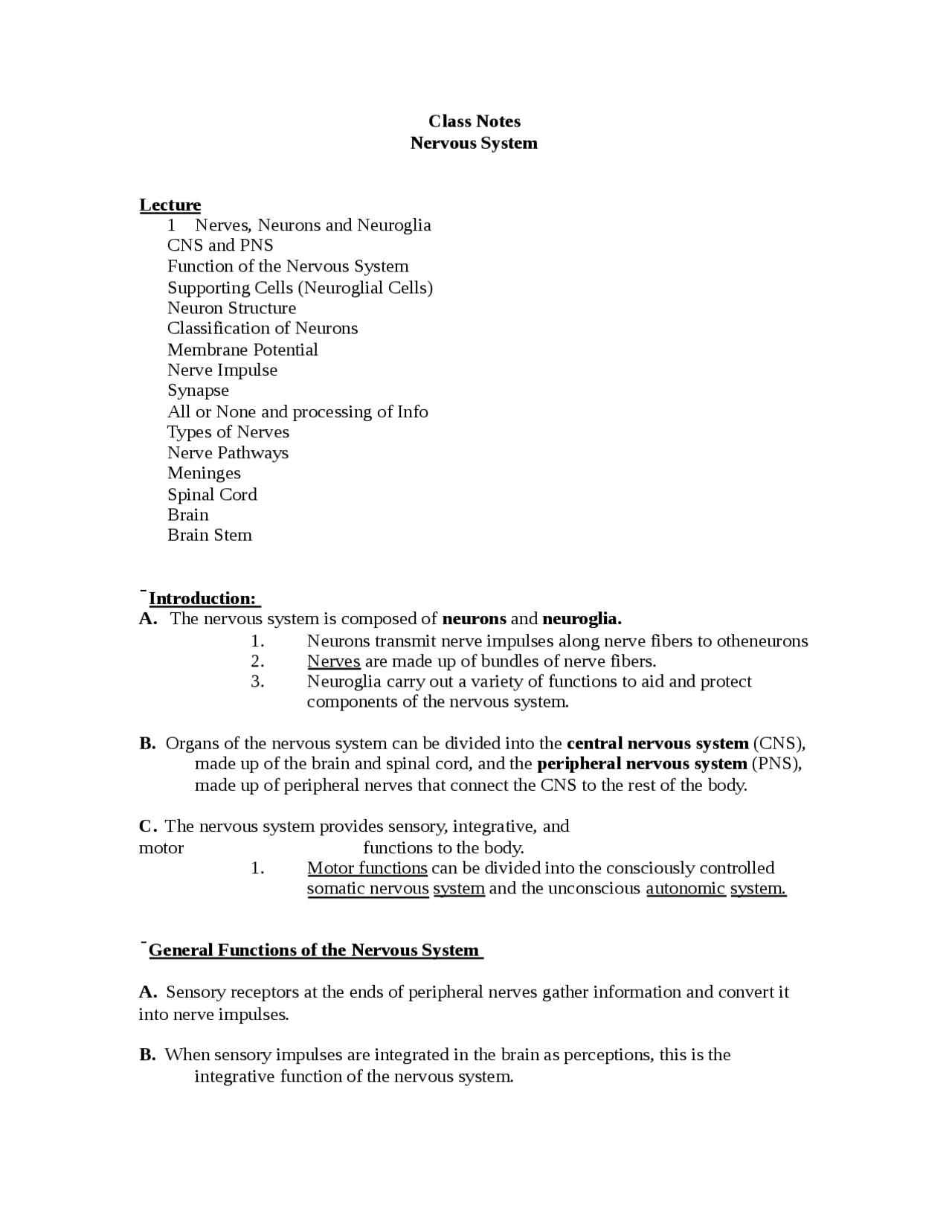 Nervous System A Brief Lecture Notes Lecture Notes Anatomy Docsity