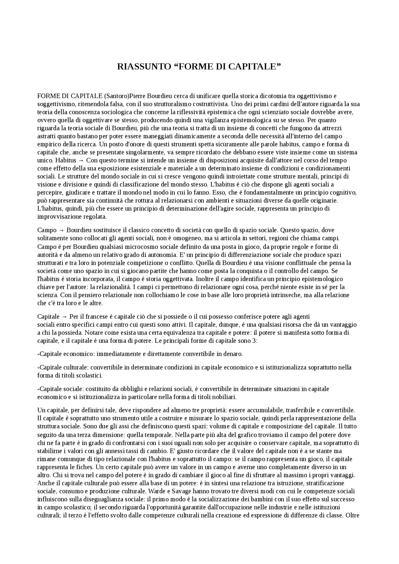 Riassunto Forme Di Capitale Docsity