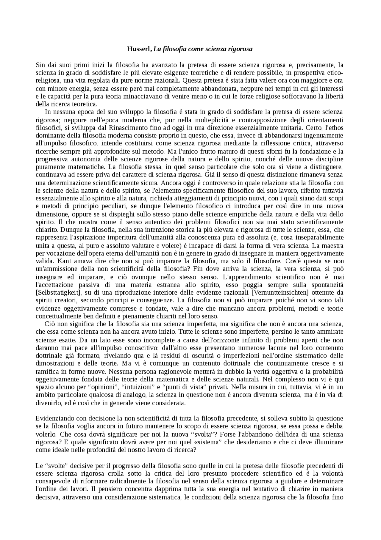 Husserl La Filosofia Come Scienza Rigorosa Docsity