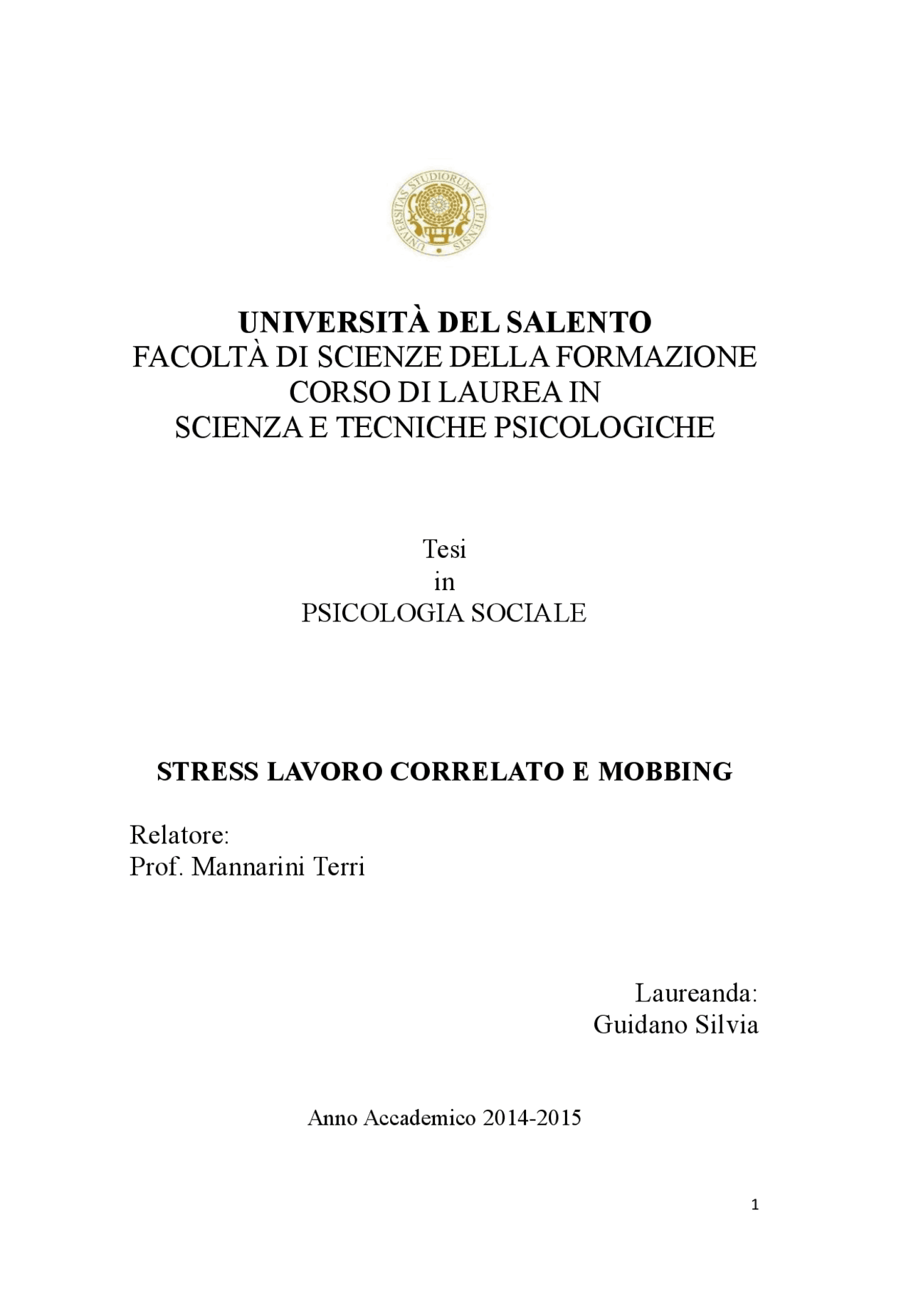 Mobbing Tesi Di Laurea Scienze E Tecniche Psicologiche Docsity