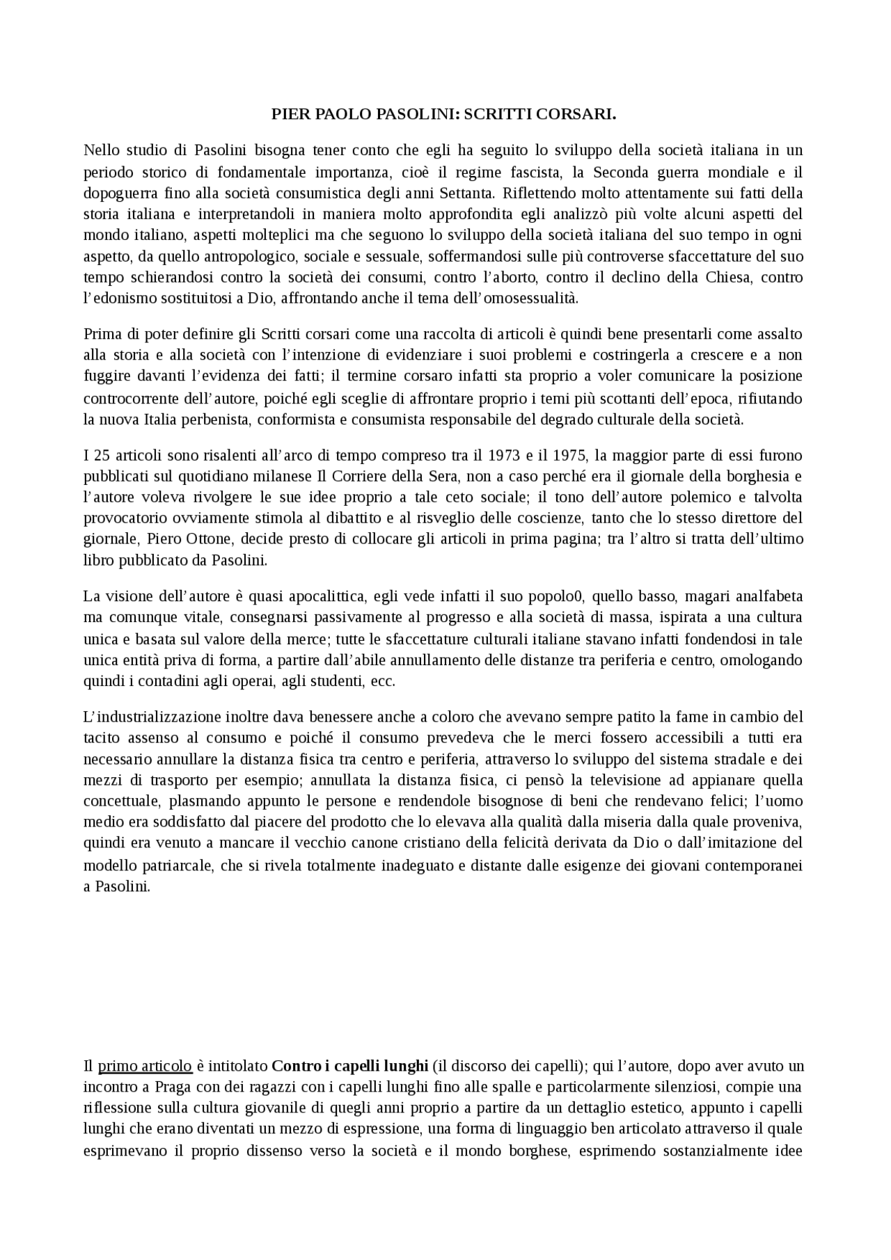 Scritti Corsari Pasolini Docsity