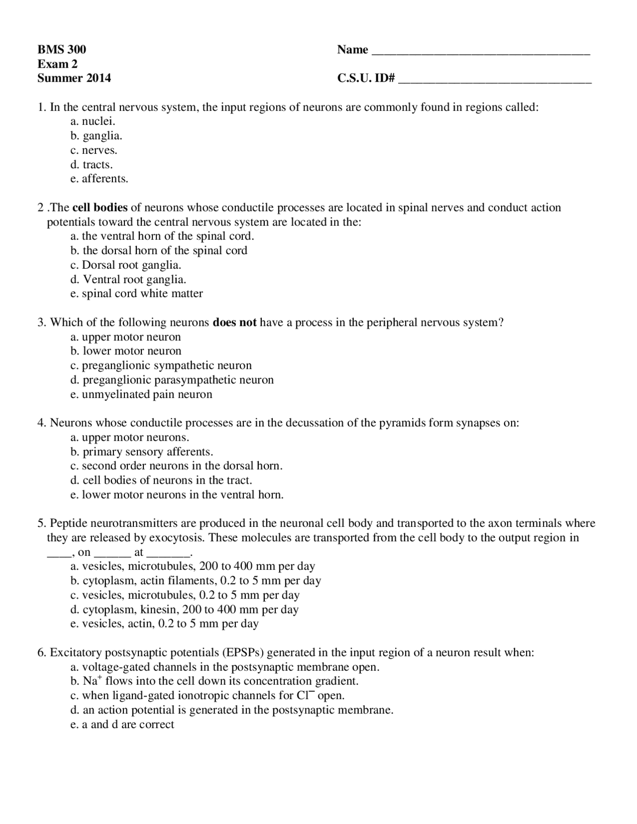 Midterm Exam 2 Questions Principles Of Human Physiology Bms 300
