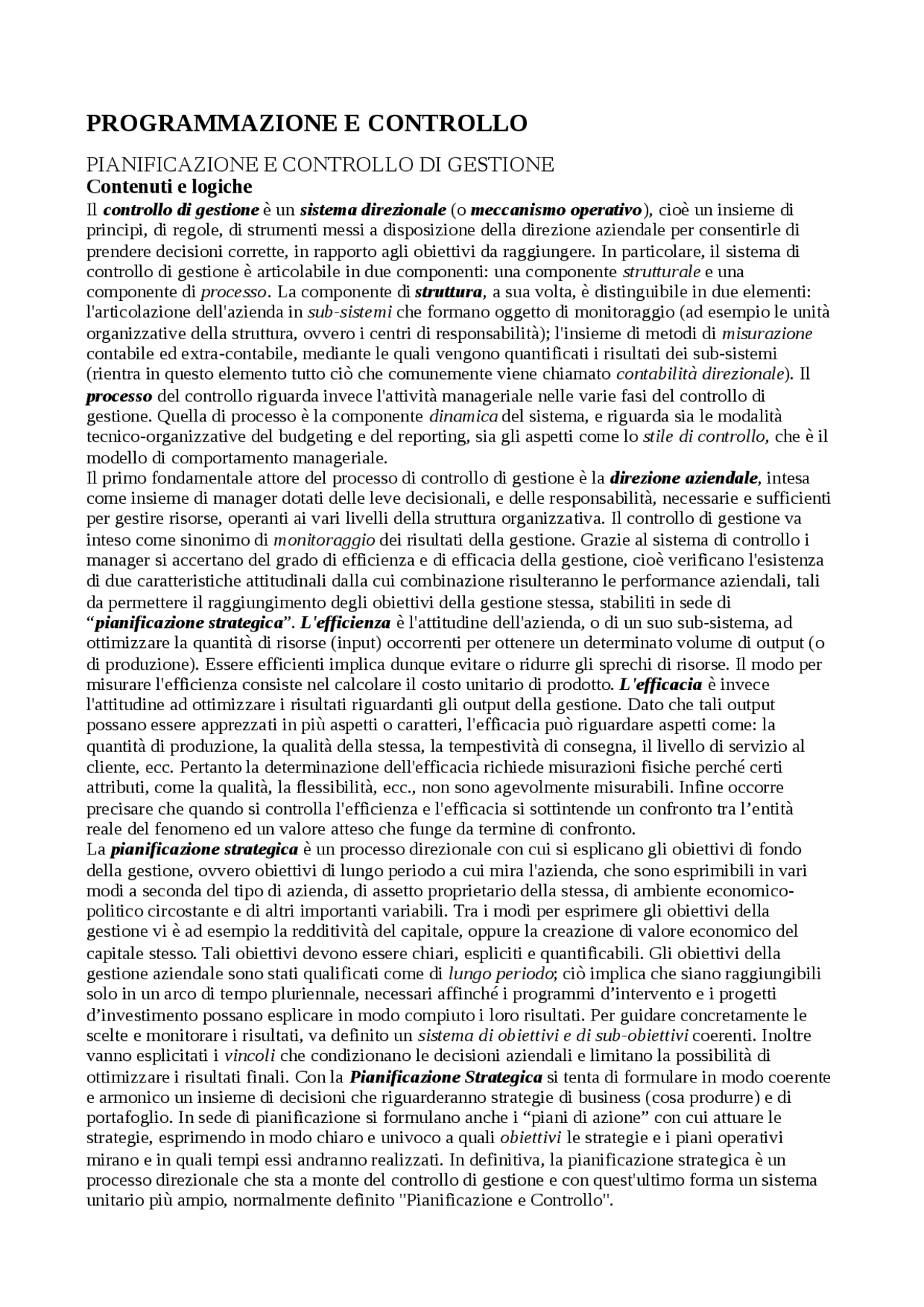 Programmazione e controllo | Appunti di Programmazione e controllo | Docsity