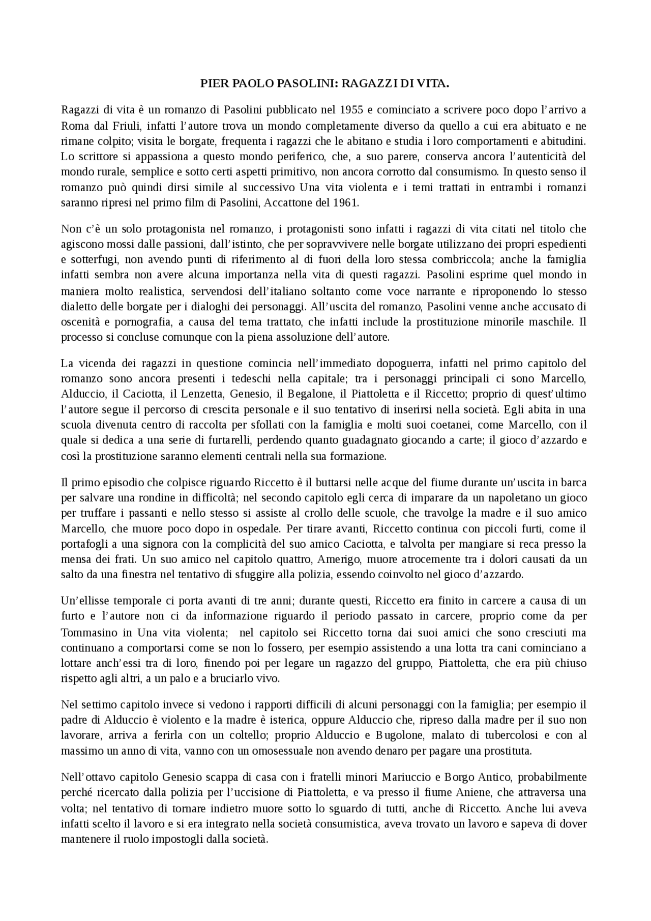 Ragazzi Di Vita Pasolini Sintesi Del Corso Di Filosofia Docsity