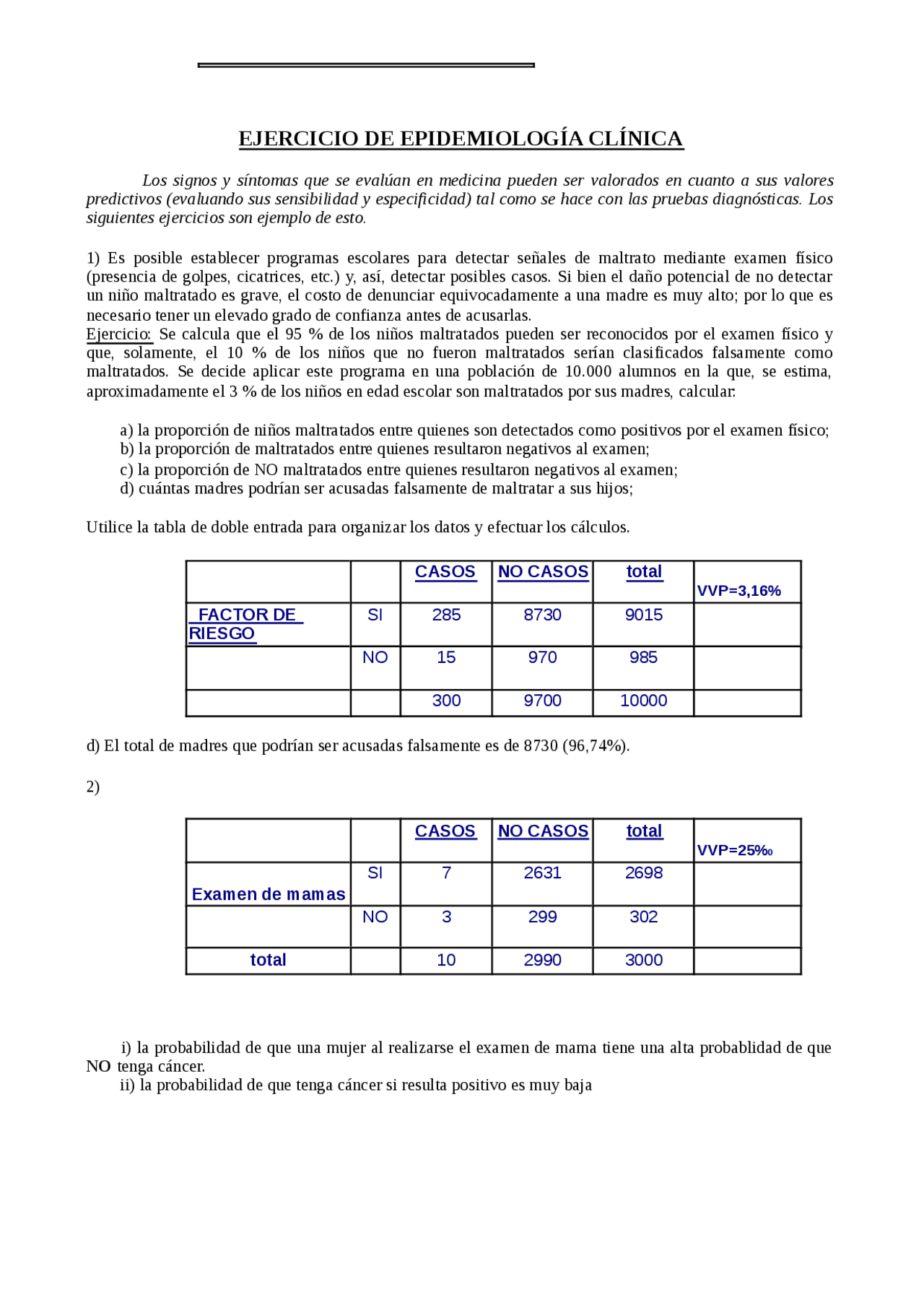 Ejercicio De Epidemiología Clínica Docsity
