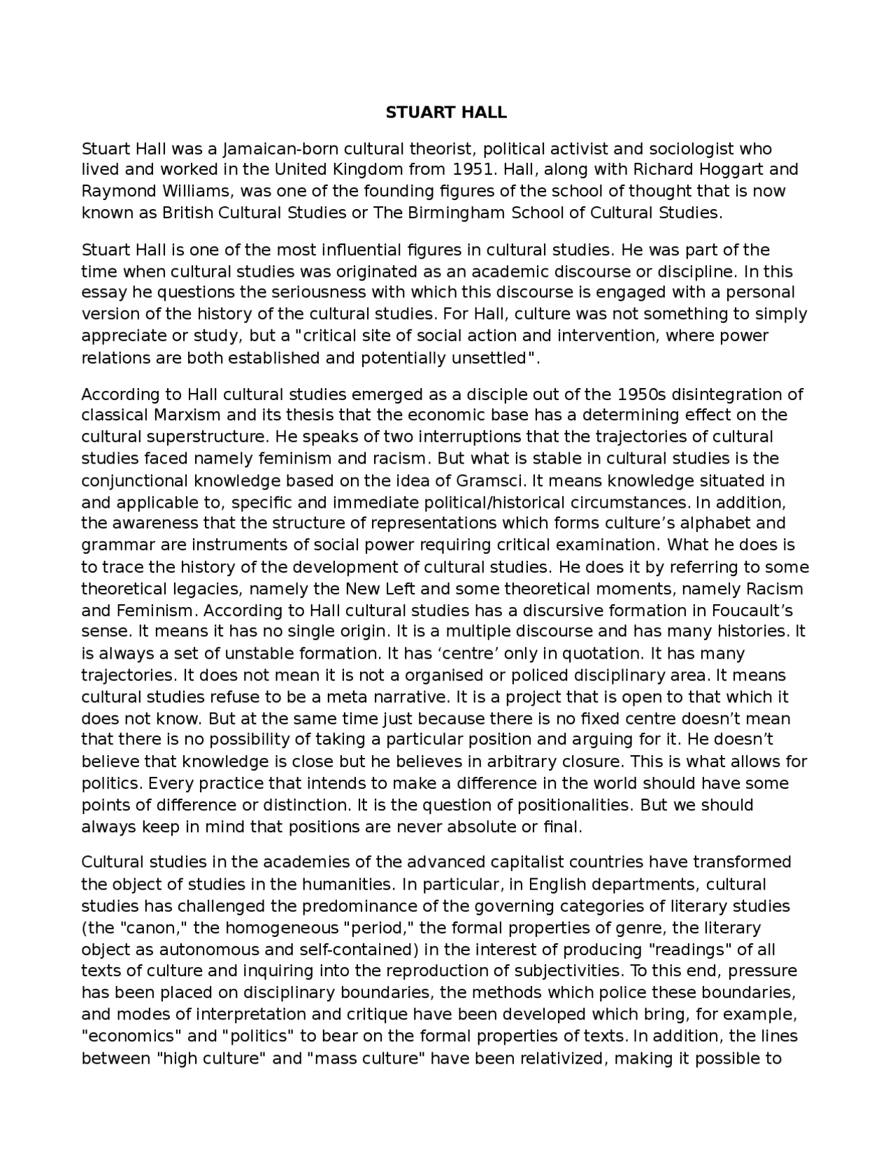 Stuart Hall cultural studies and its theorerical legacies - Docsity