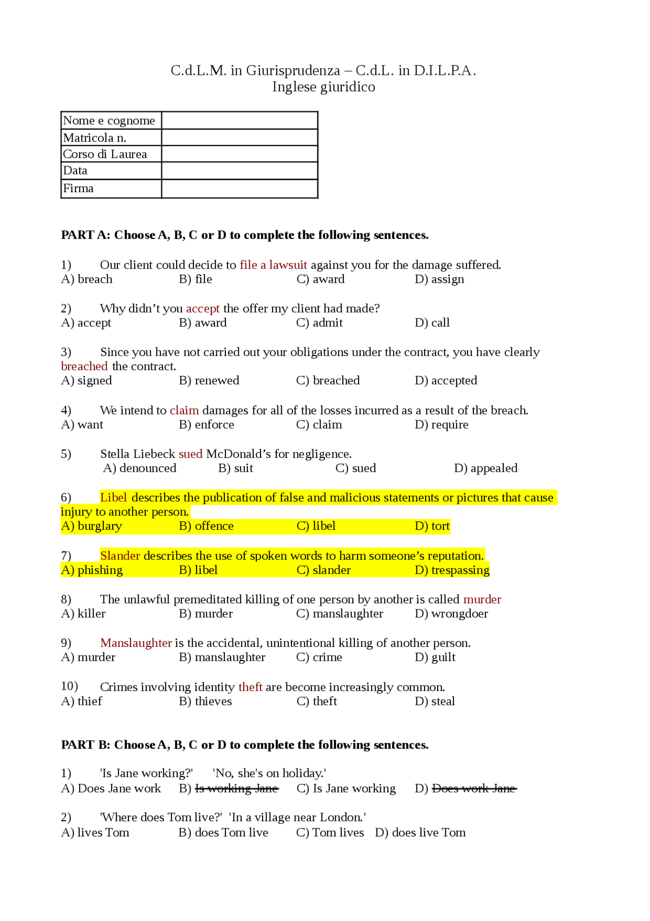 Prova Di Inglese Giuridico Domande Frequenti Docsity