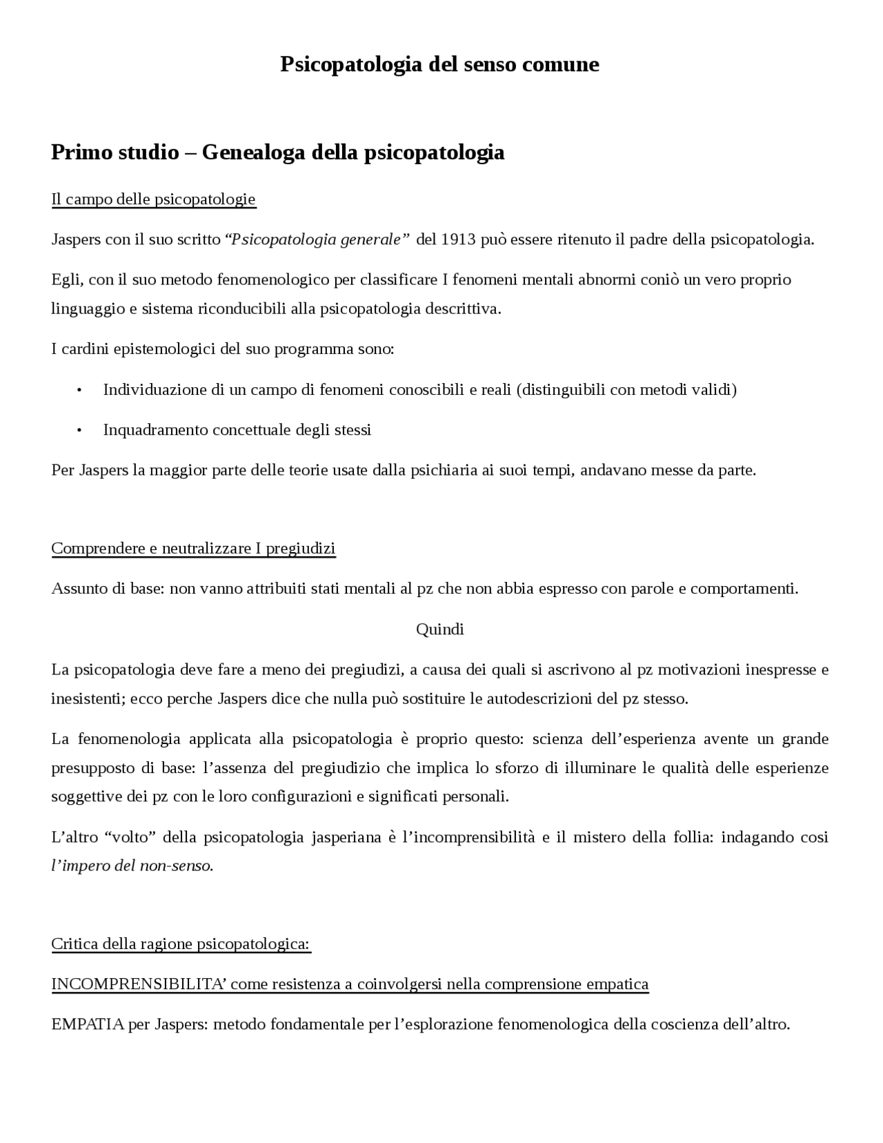 Psicopatologia del senso comune - Docsity