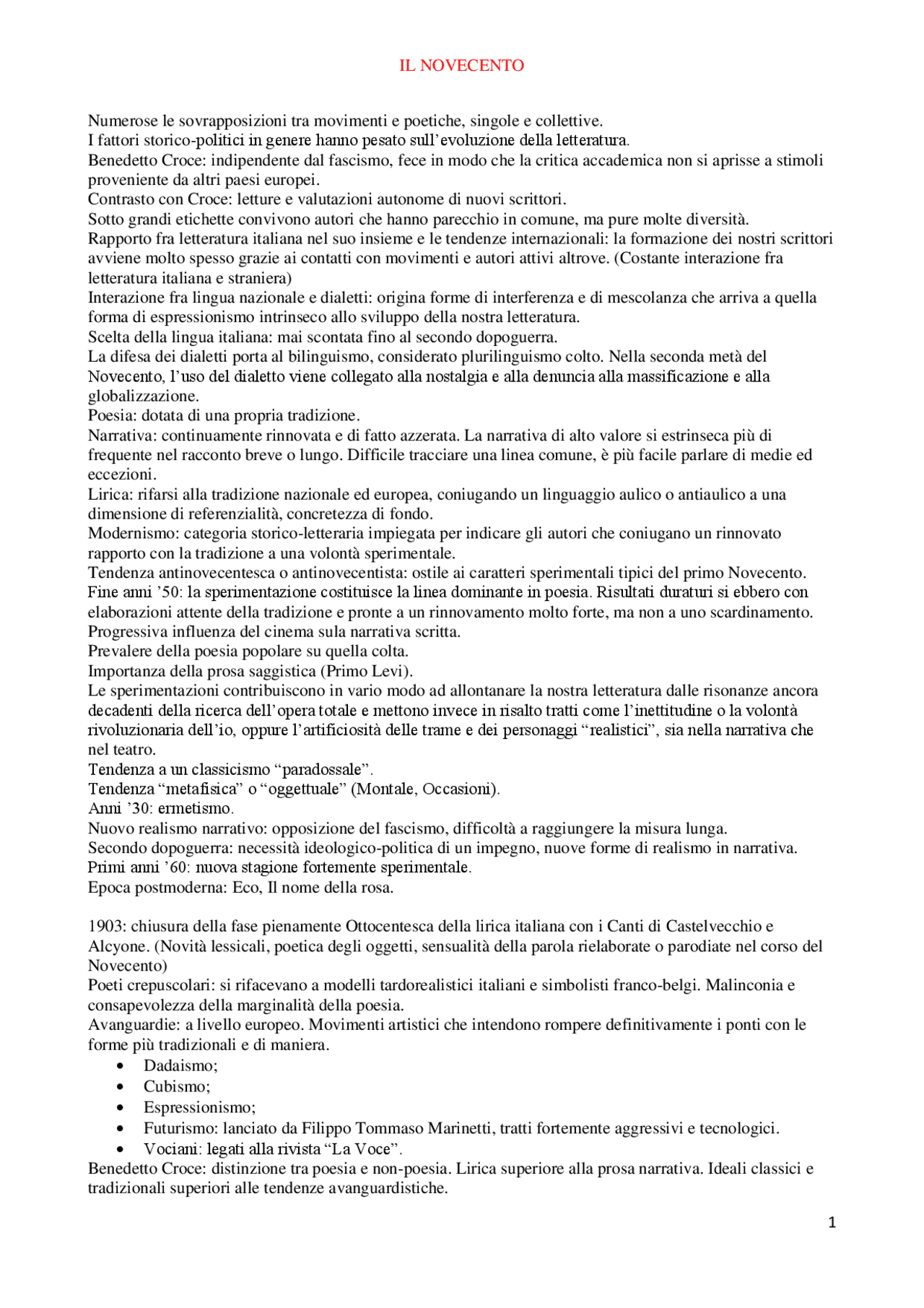 Alberto Casadei Il Novecento Docsity