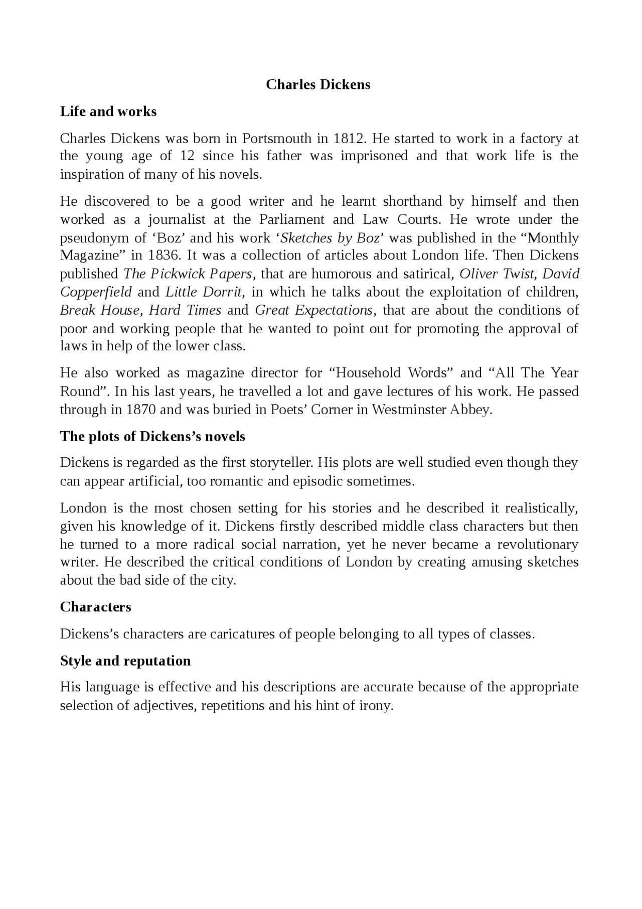 Charles Dickens Life Works And Description Docsity