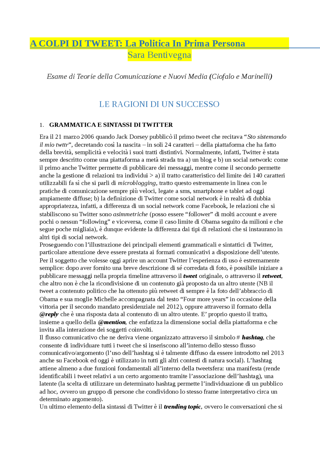 Riassunto A Colpi Di Tweet Sara Bentivegna Docsity