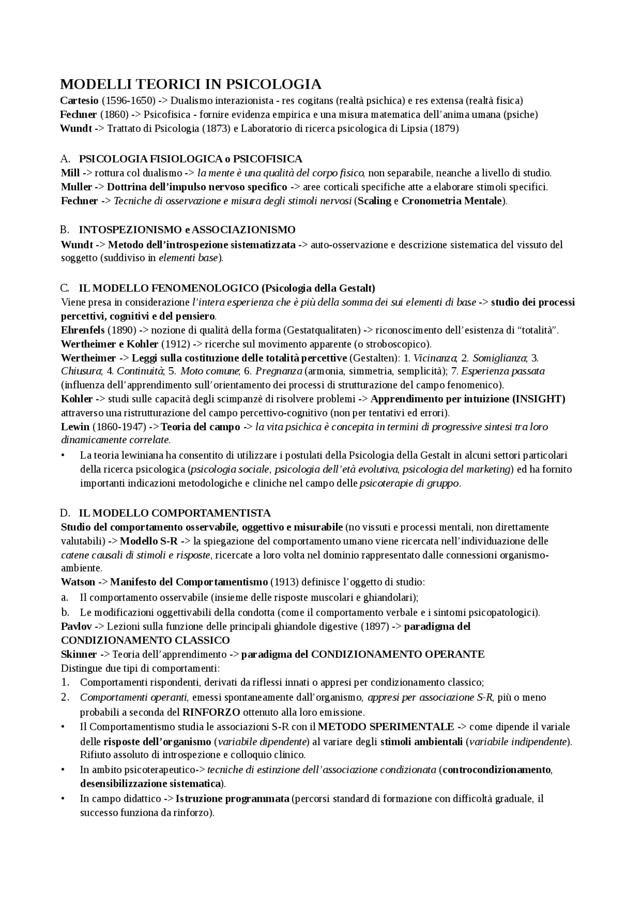 Modelli Teorici In Psicologia Docsity