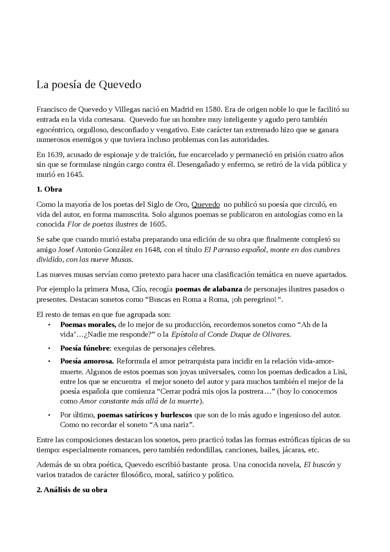 La poesía de Quevedo - Docsity