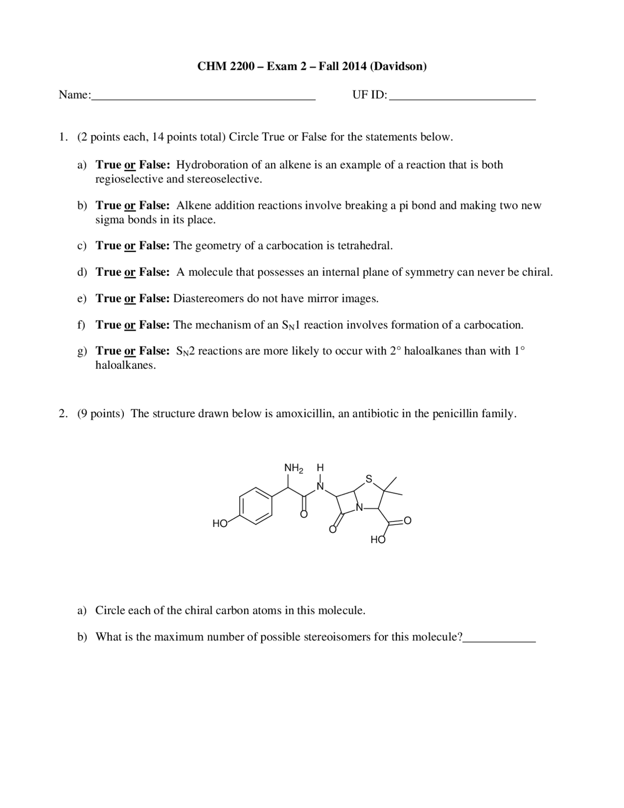 Unsolved Questions Of Exam 2 Organic Chemistry Chm 2200 Docsity