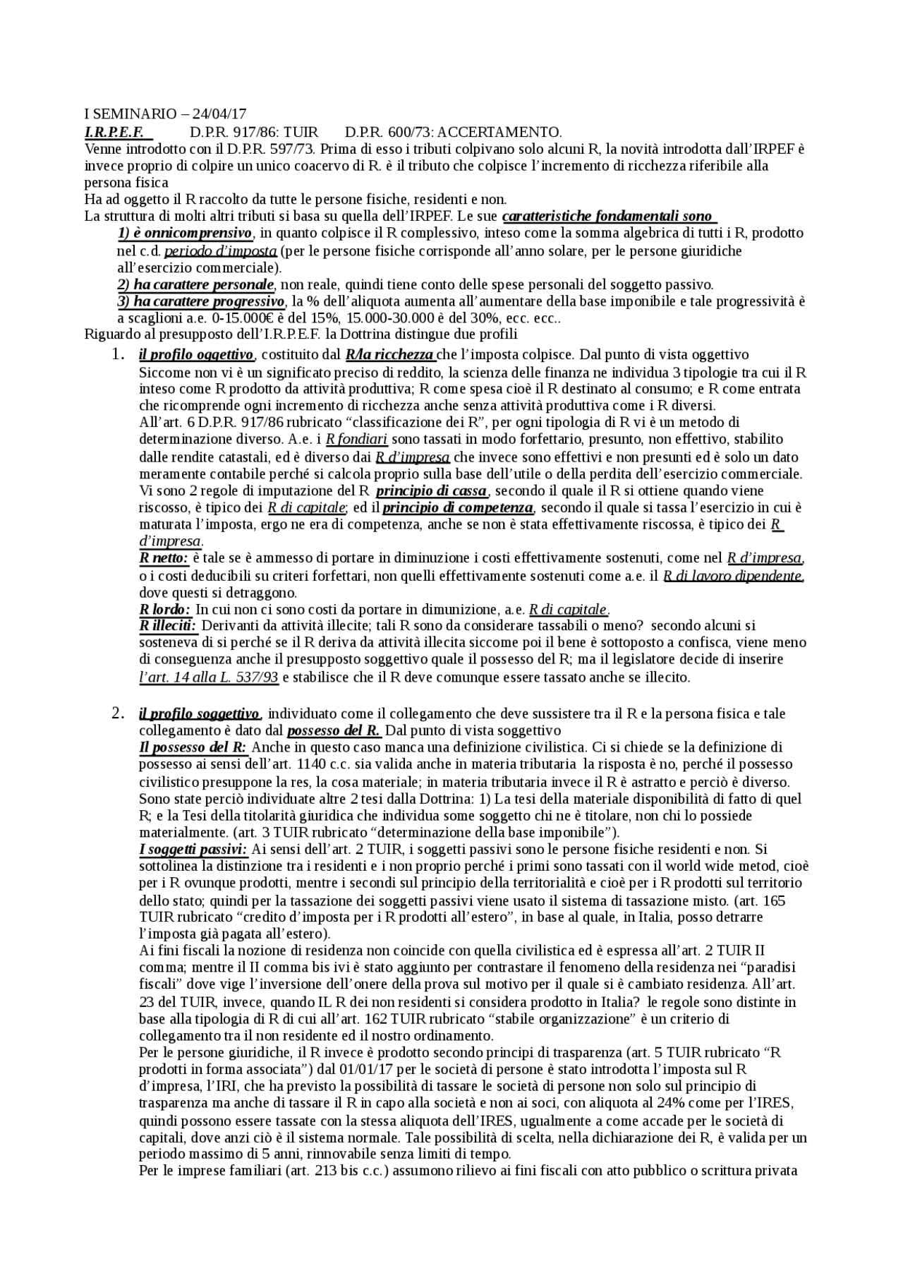 Seminari Diritto Tributario Prof Tinelli Docsity