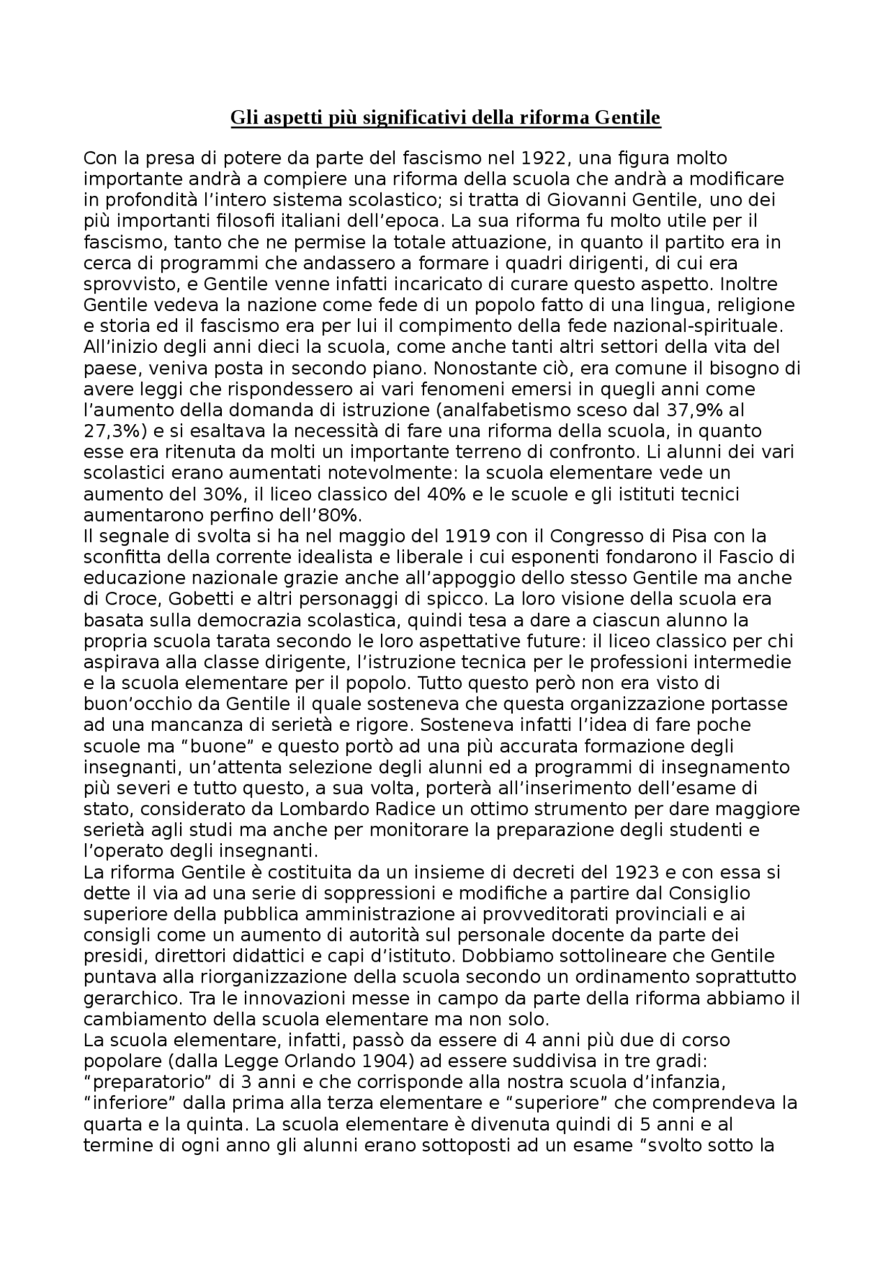 Riforma Gentile Del 1923 Docsity