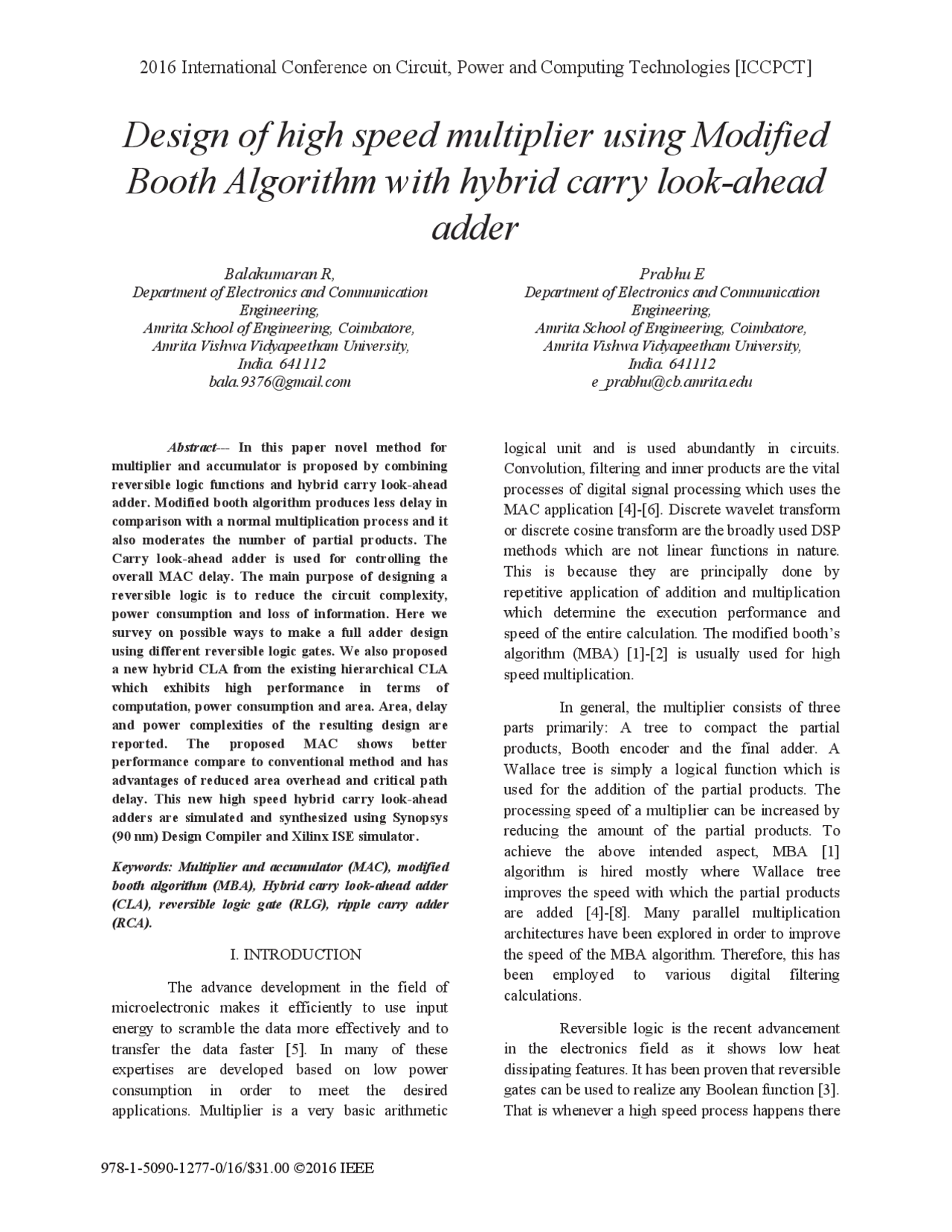 Design of high speed multiplier using Modified Booth Algorithm with ...