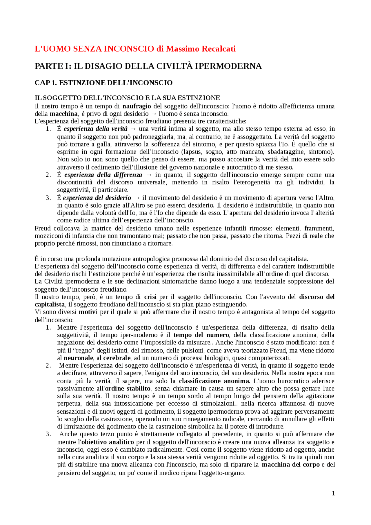 Riassunto Del Libro Luomo Senza Inconscio Di M Recalcati Docsity