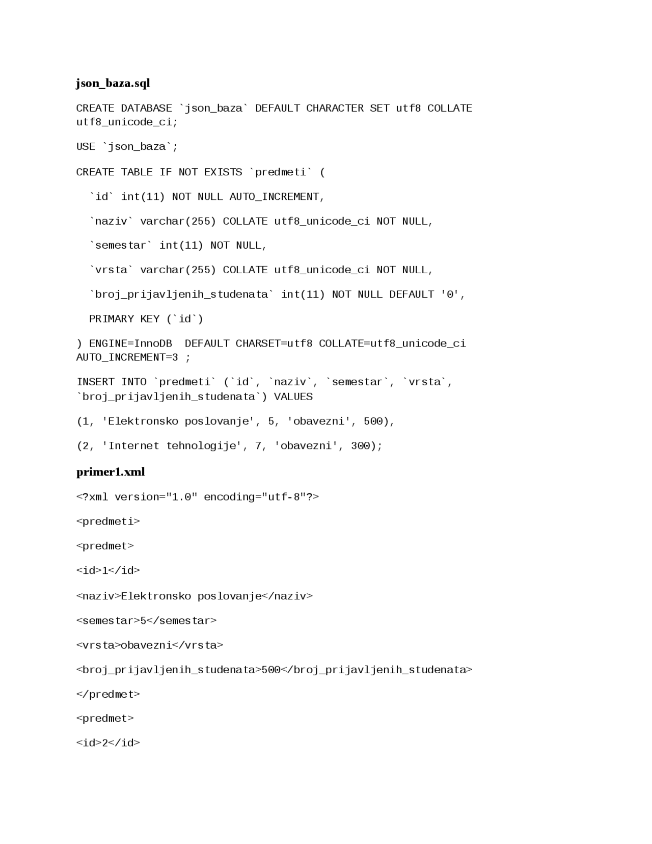 Primeri XML JSON - web programiranje | Ispiti' predlog Informatika - Docsity
