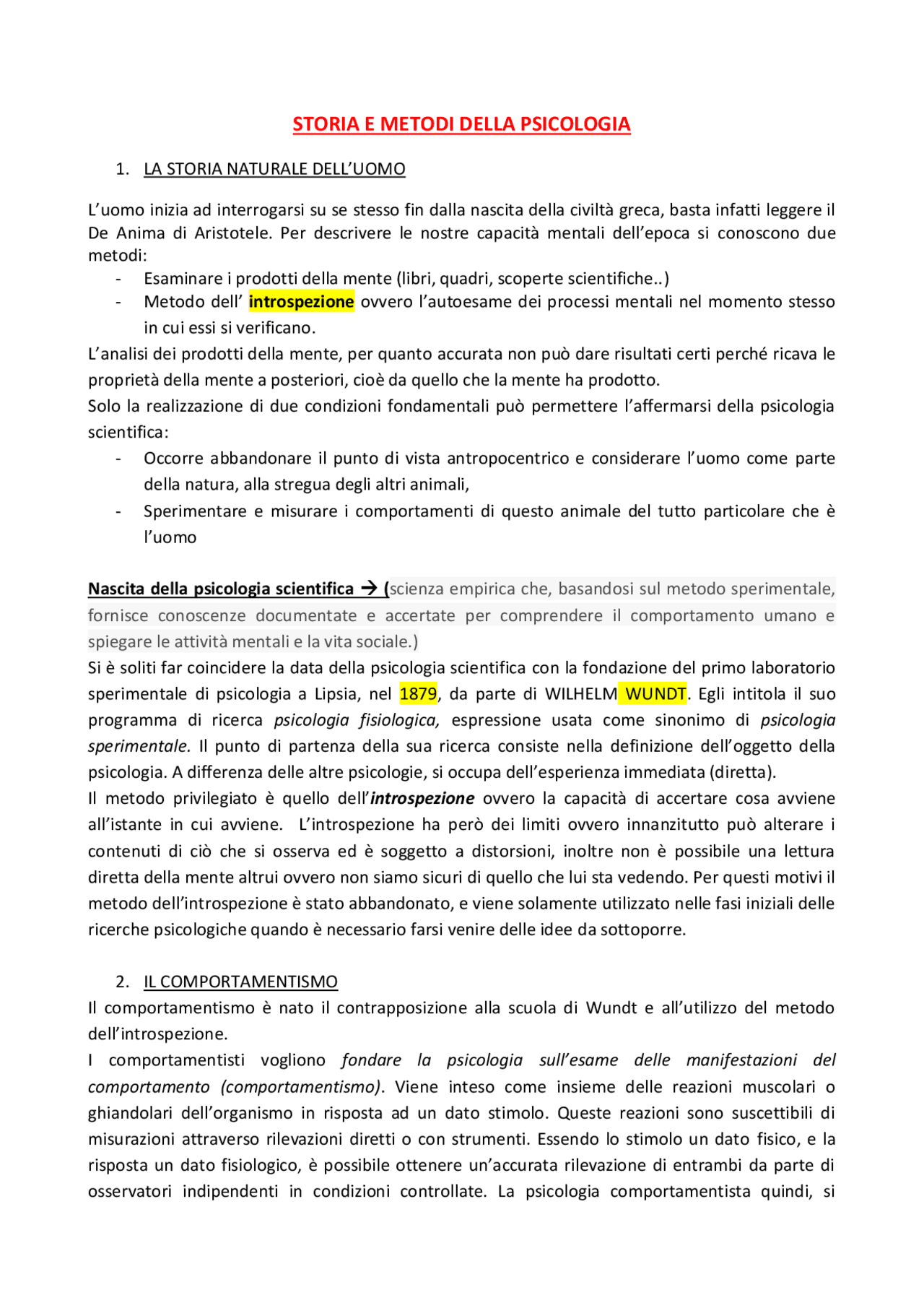 Storia E Metodi Della Psicologia Docsity