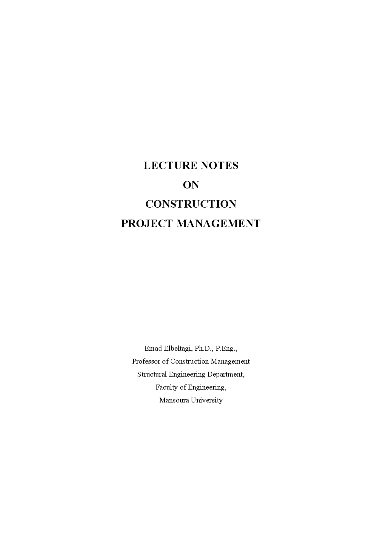 Lecture Notes On Construction Project Management Docsity