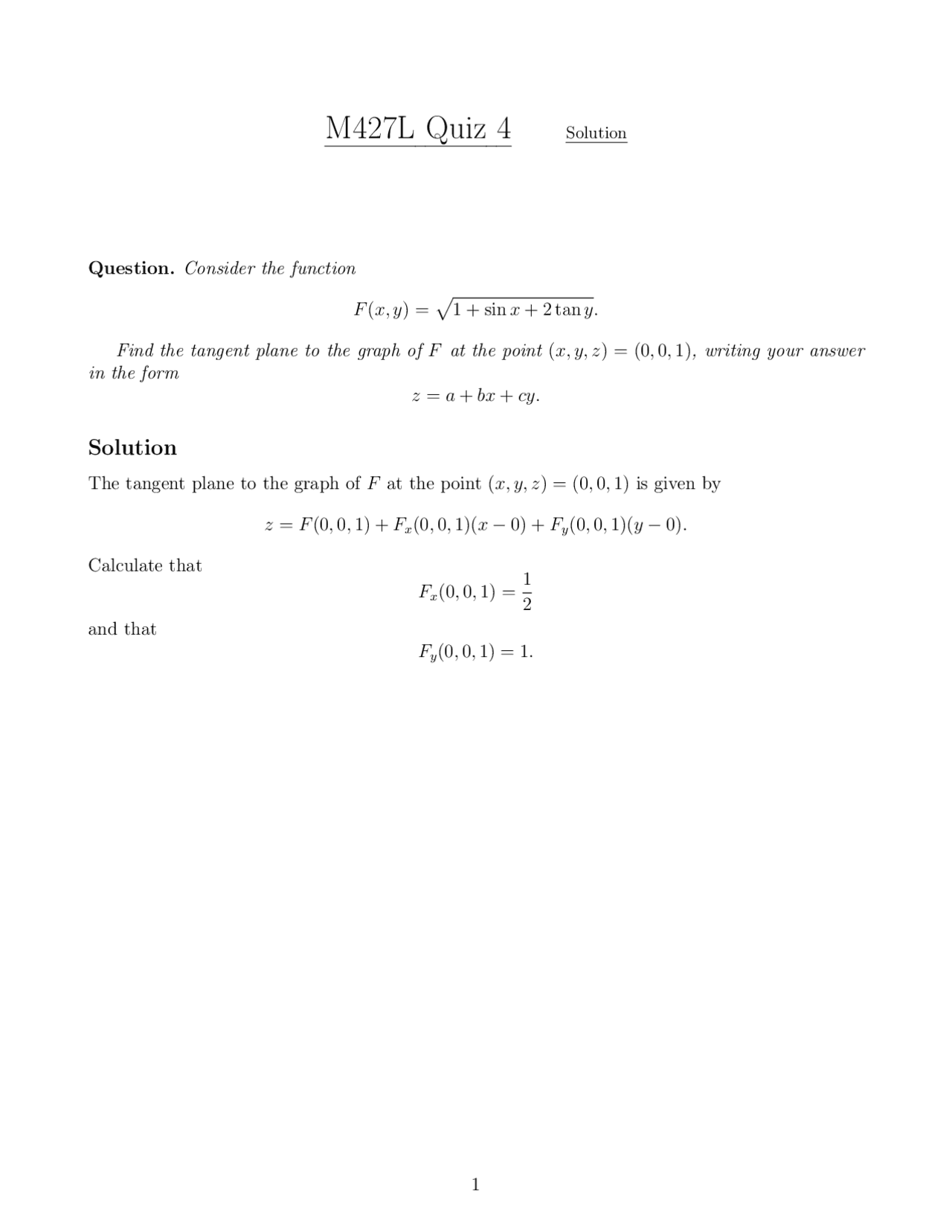 Finding the Tangent Plane to the Graph of a Function at a Given Point | Quizzes Advanced ...