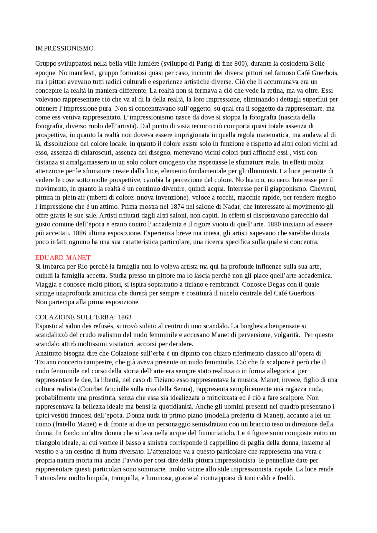 Impressionismo Riassunto Docsity
