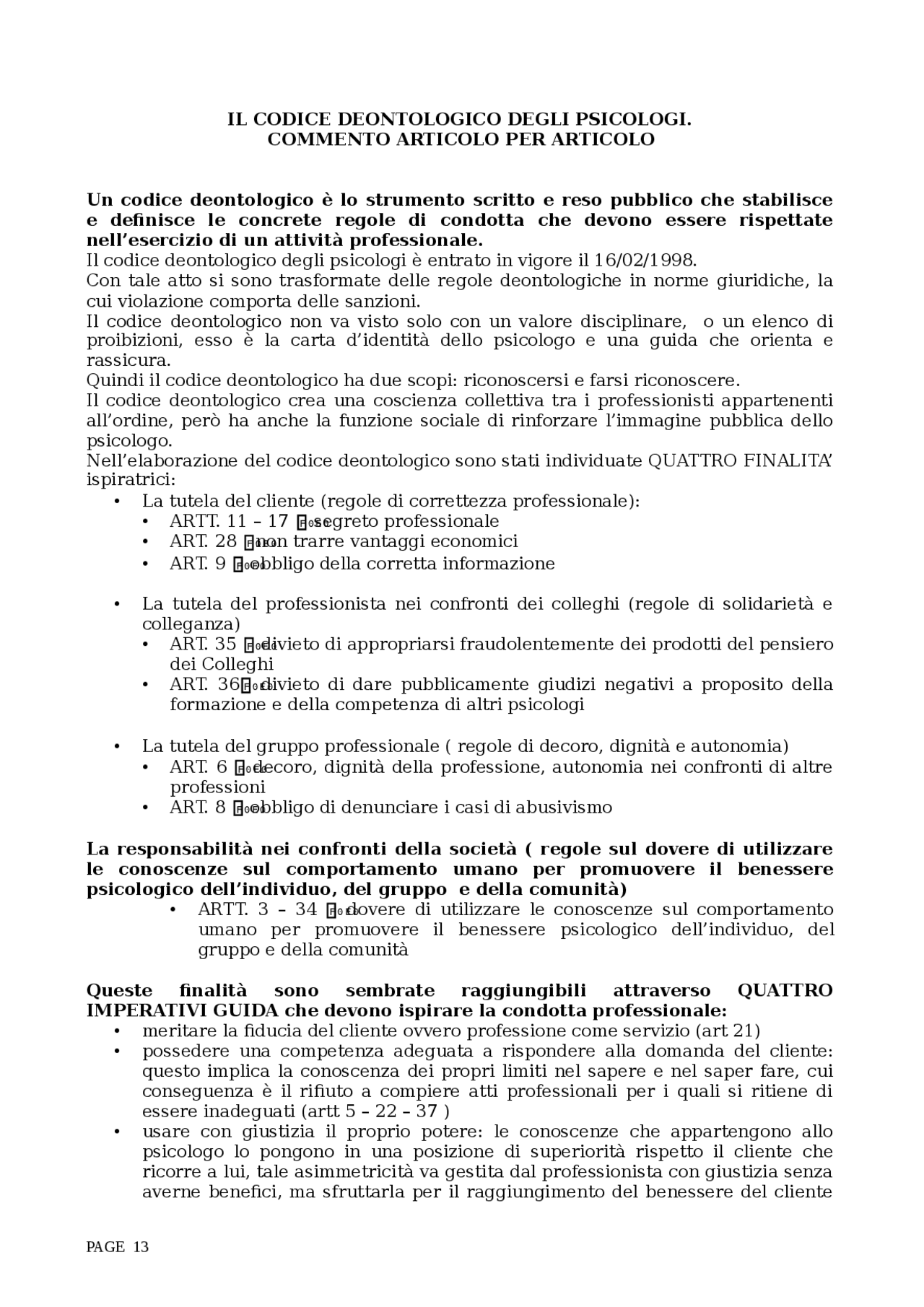 Riassunto Codice Deontologico Commentato Docsity