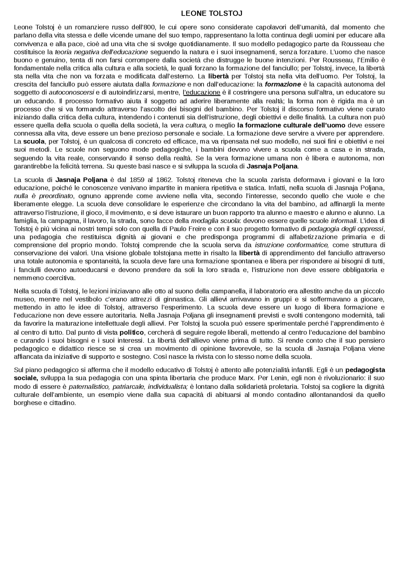 Tolstoj Di Pedagogia E Società Prove Desame Di Pedagogia Docsity