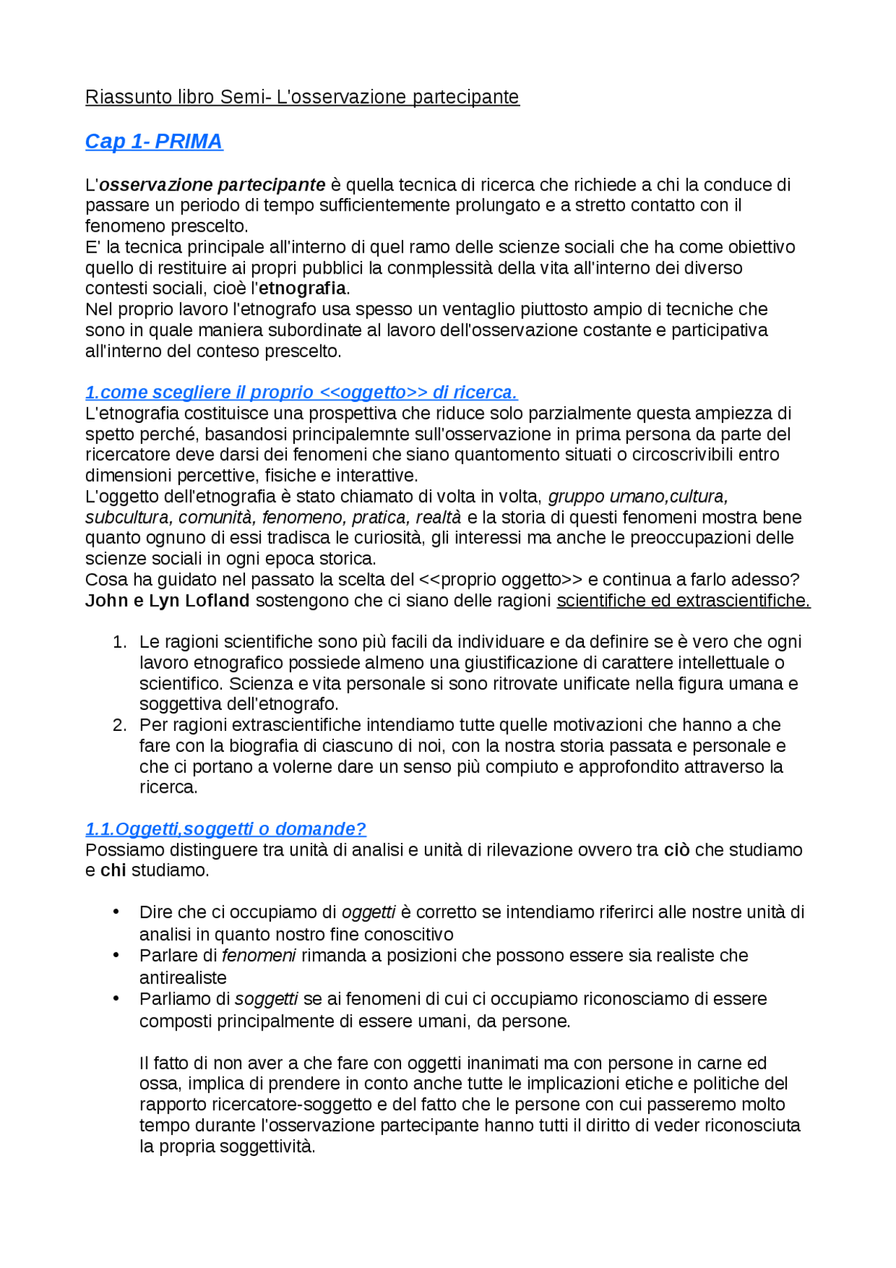Riassunto Libro Losservazione Partecipante” Di G Semi Docsity