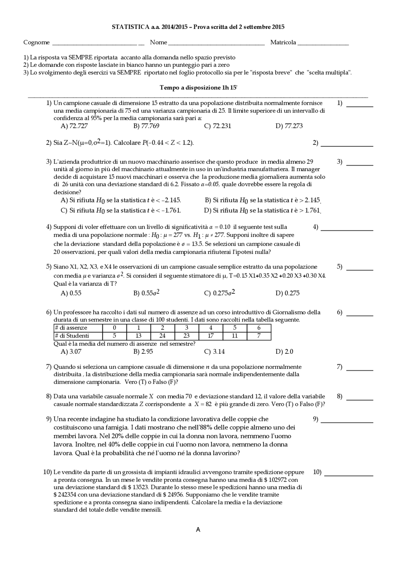 Compiti Statistica Con Soluzioni Docsity