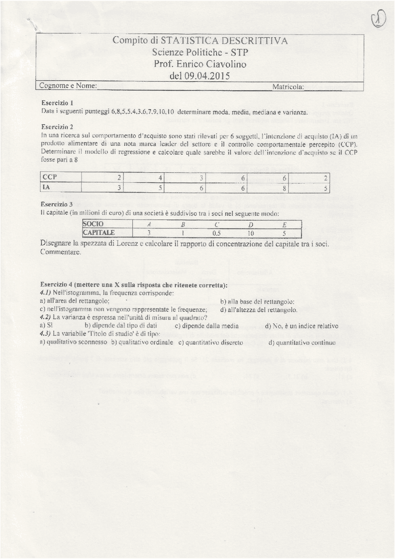 Eserciziario di statistica descrittiva per ESAMI universitari - Docsity