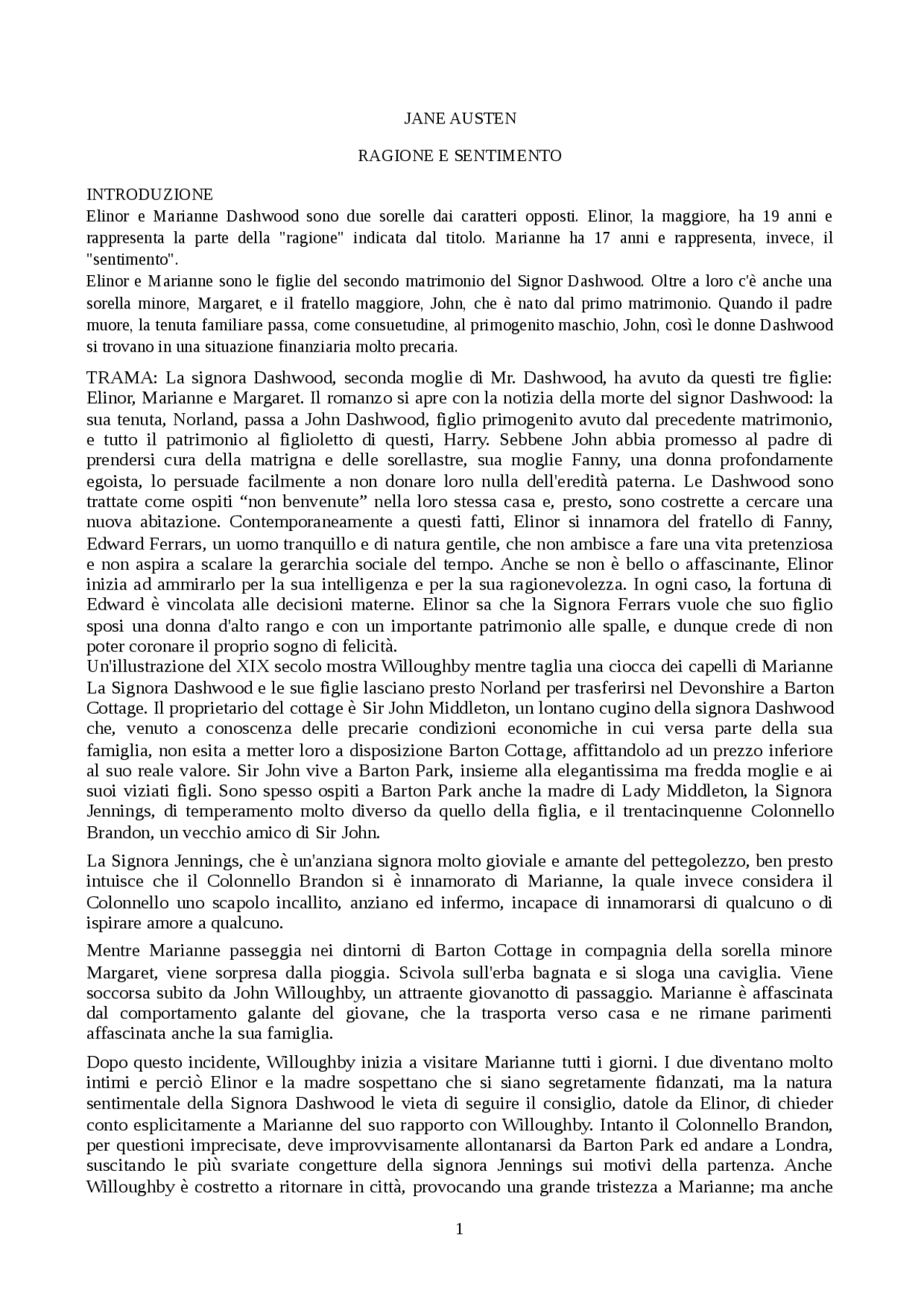Sense And Sensibility Romanzo Di Jane Austen Docsity