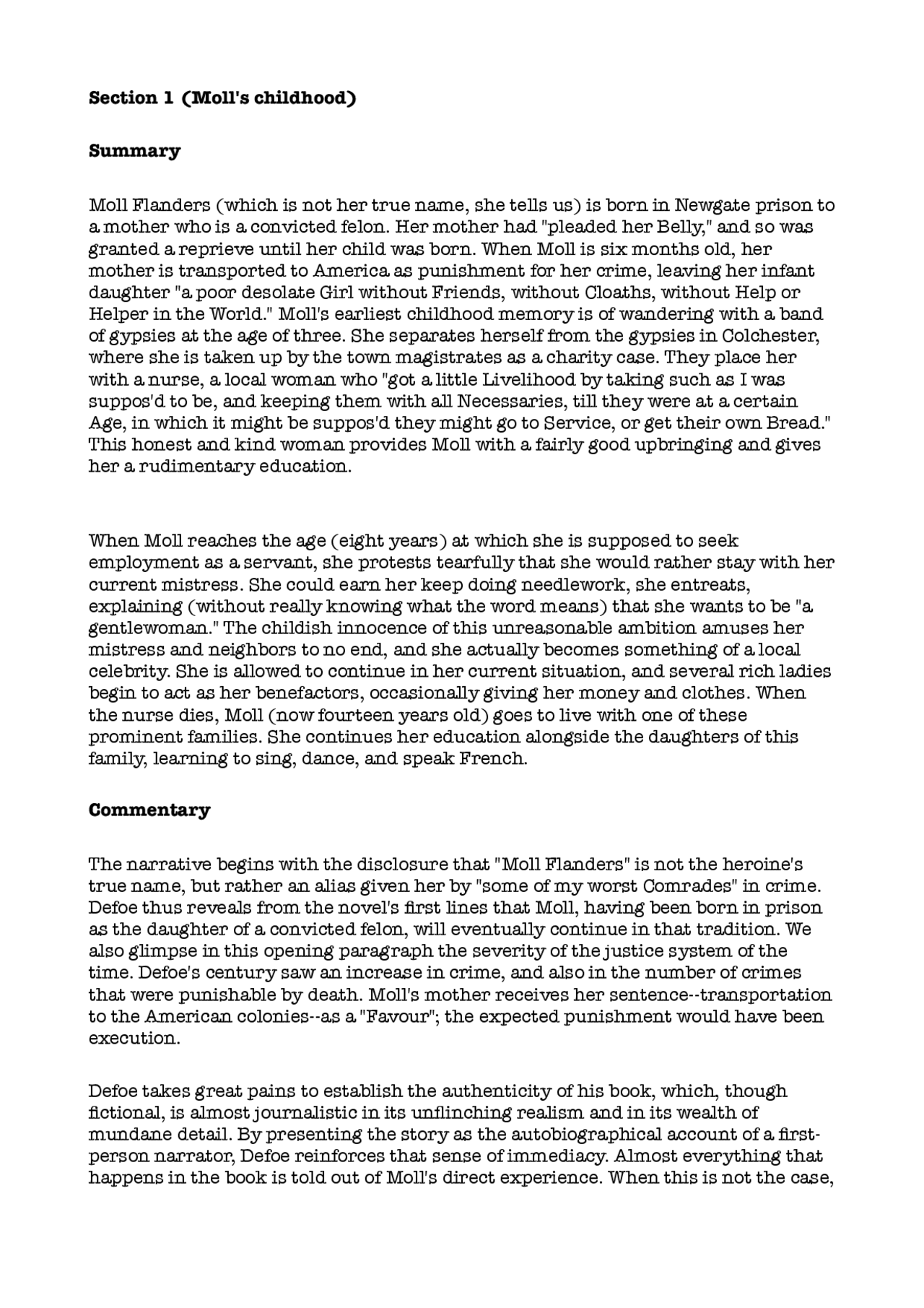 Moll Flanderss Summary Docsity