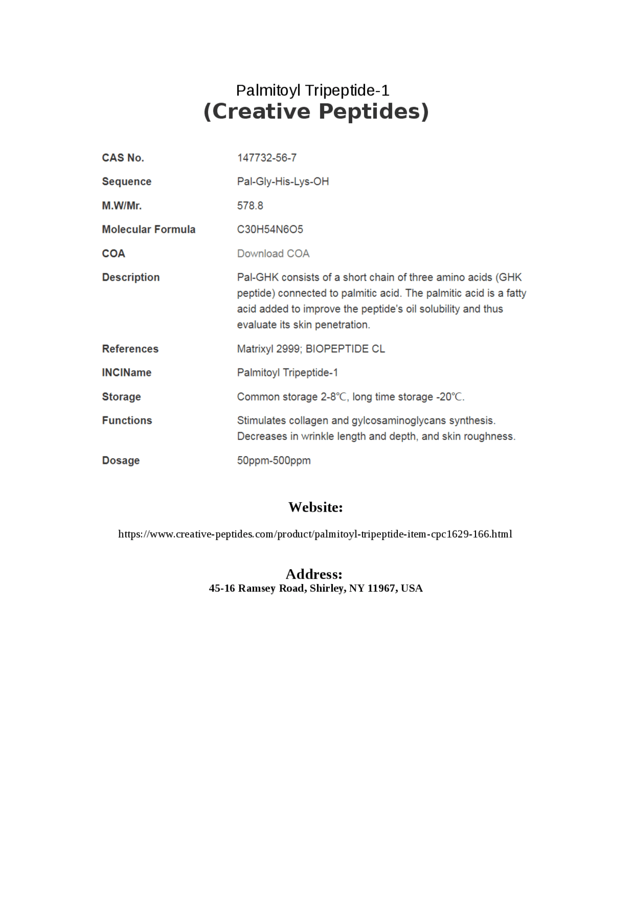 Palmitoyl Tripeptide-1 - By Creative Peptides - Docsity