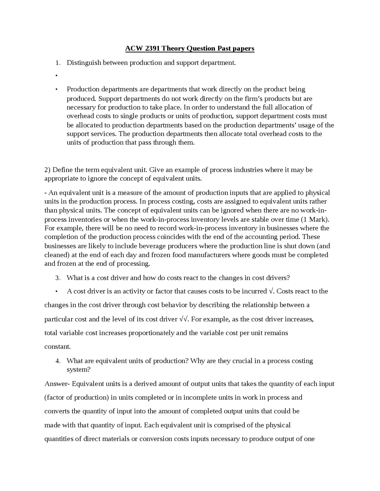 Management Accounting Theory Questions Exams Cost Accounting Docsity