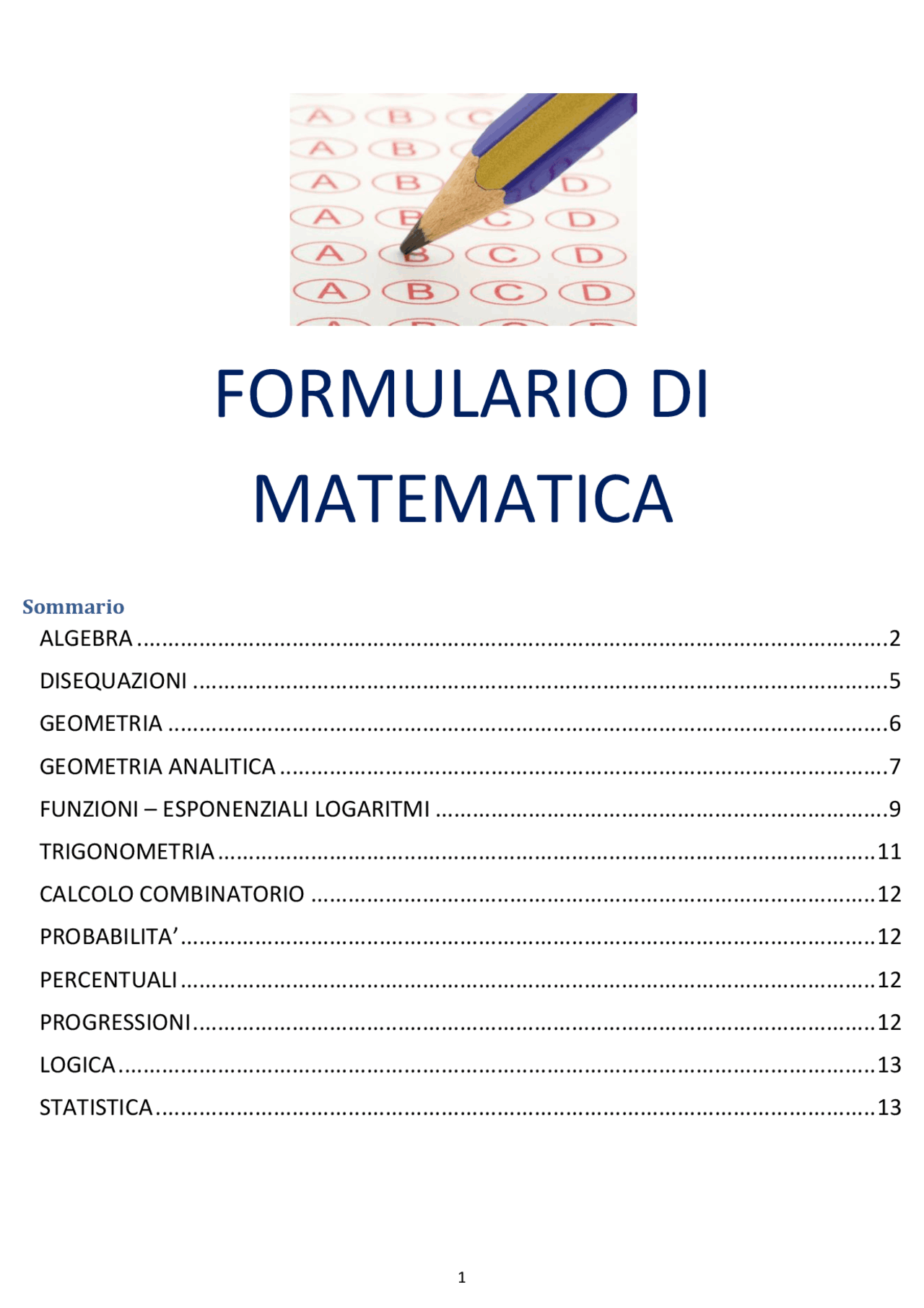 Formulario Di Matematica Con Spiegazioni Maturitàuni Docsity