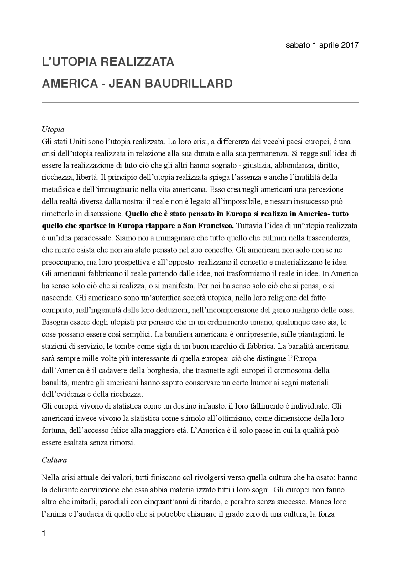 Riassunto Libro Utopia Realizzata Baudrillard Docsity