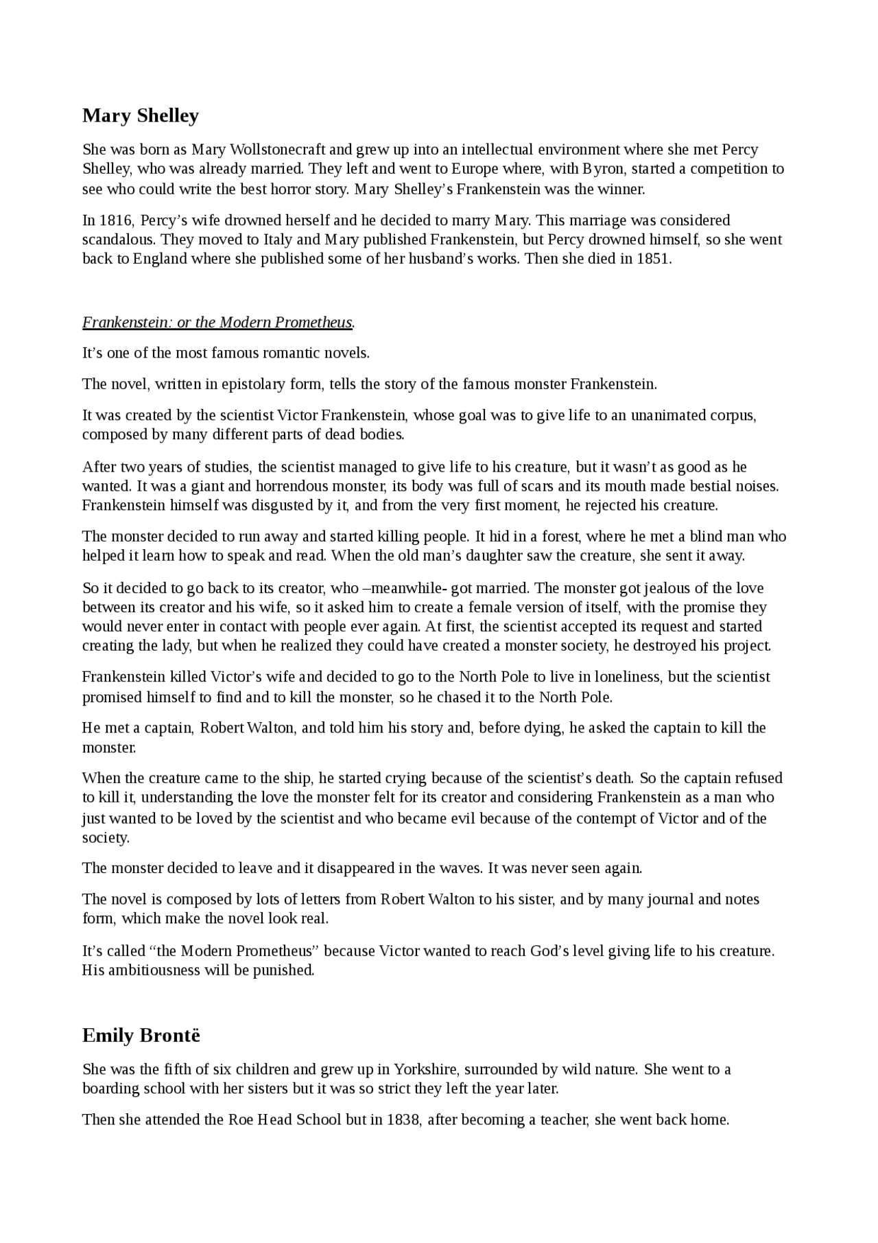 Mary Shelley, Charlotte Bronte ed Emily Bronte - Docsity