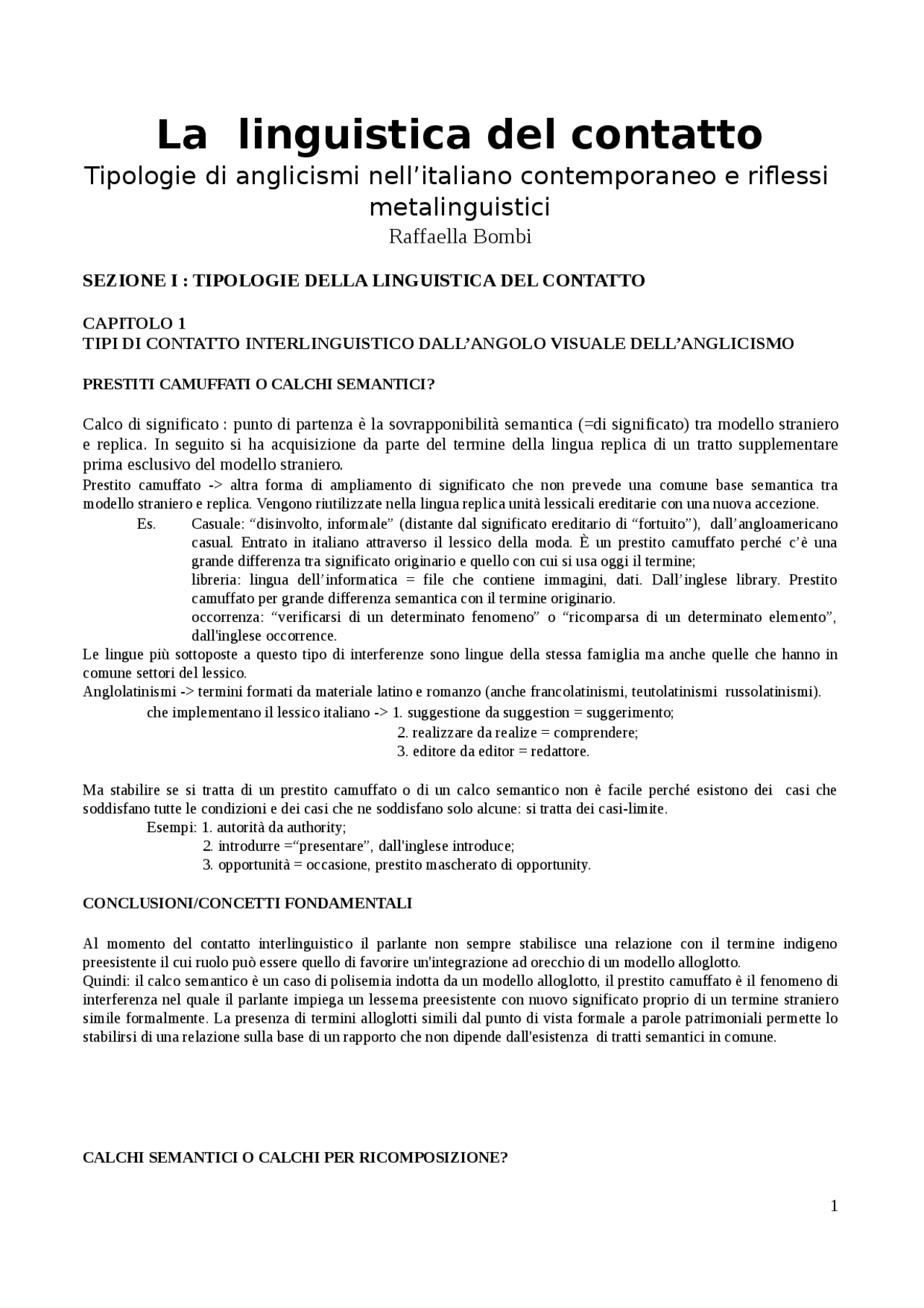 RIASSUNTO "LA LINGUISTICA DEL CONTATTO, tipologie di anglicismi nell ...