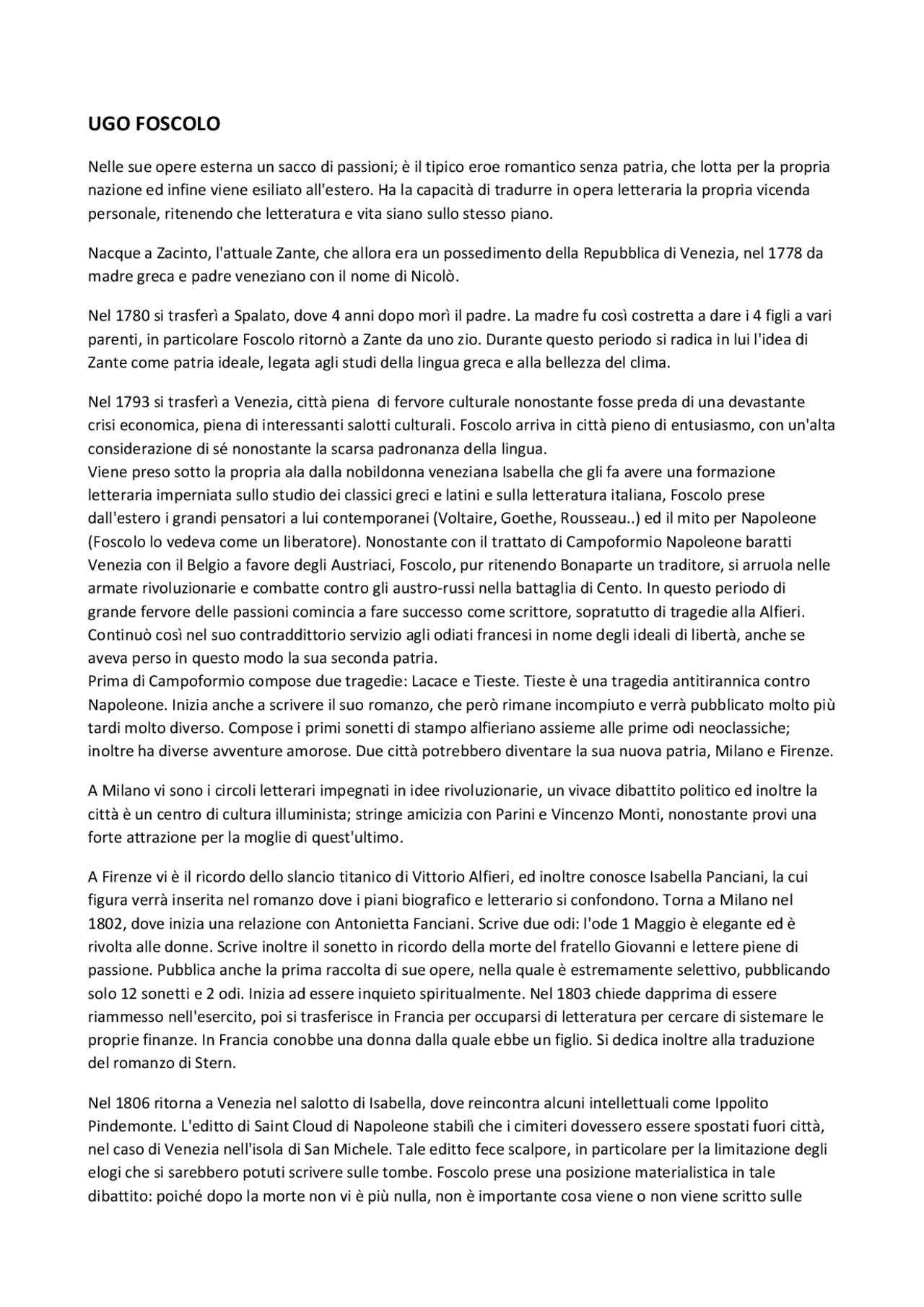 Appunti Completi Su Ugo Foscolo Docsity