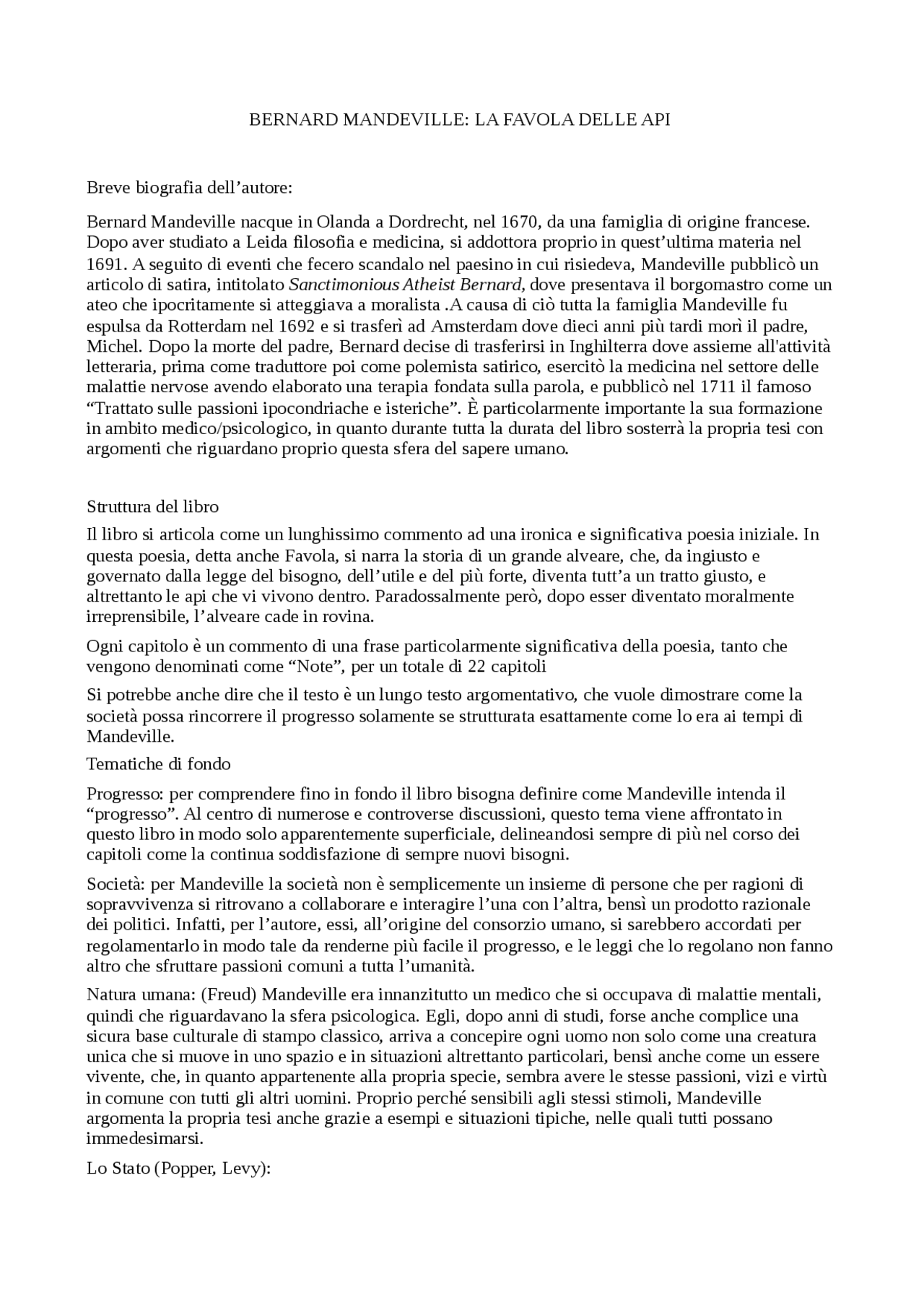 Approfondimento Su La Favola Delle Api D Bernard Mandeville Docsity