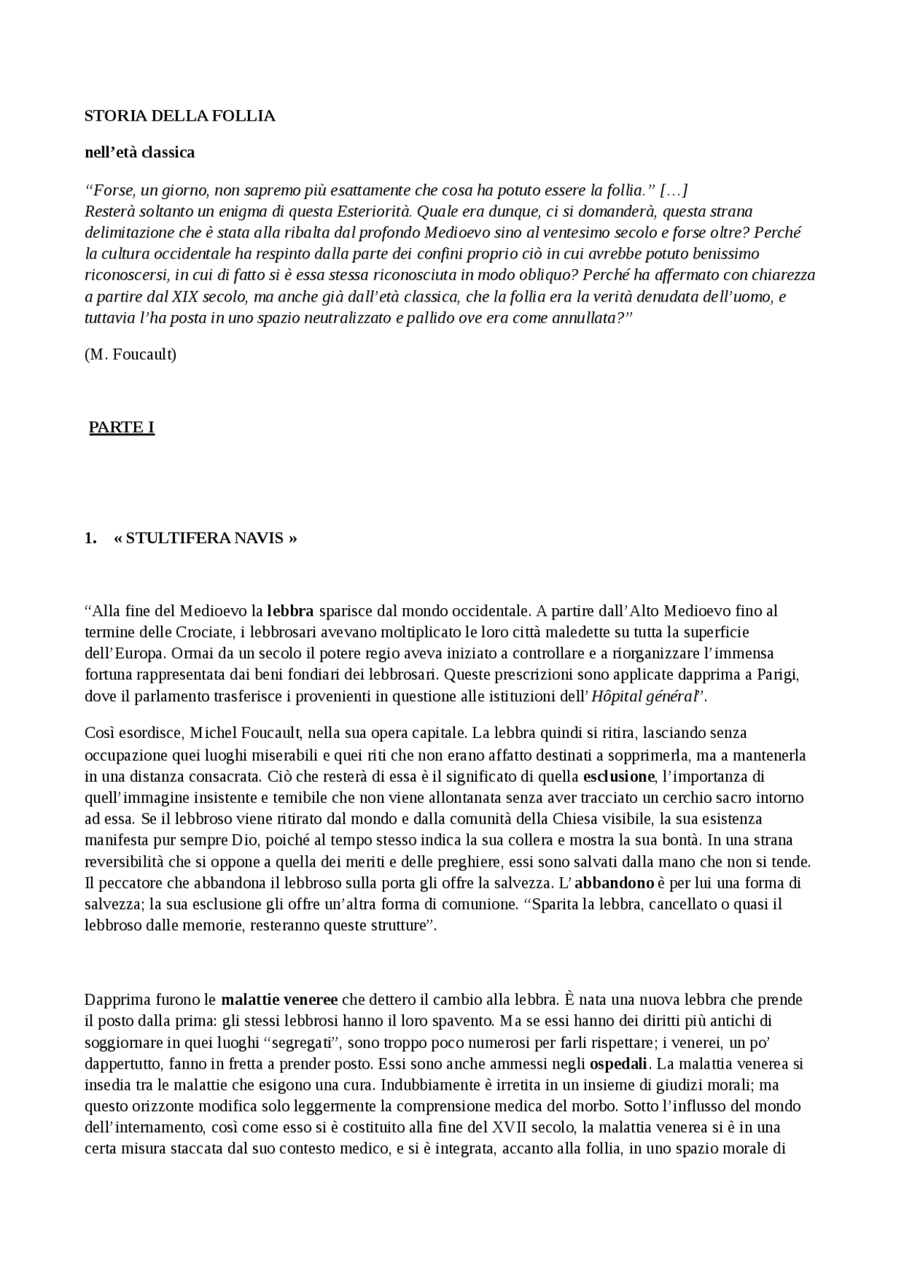 Storia Della Follia Paul Michel Foucault Docsity