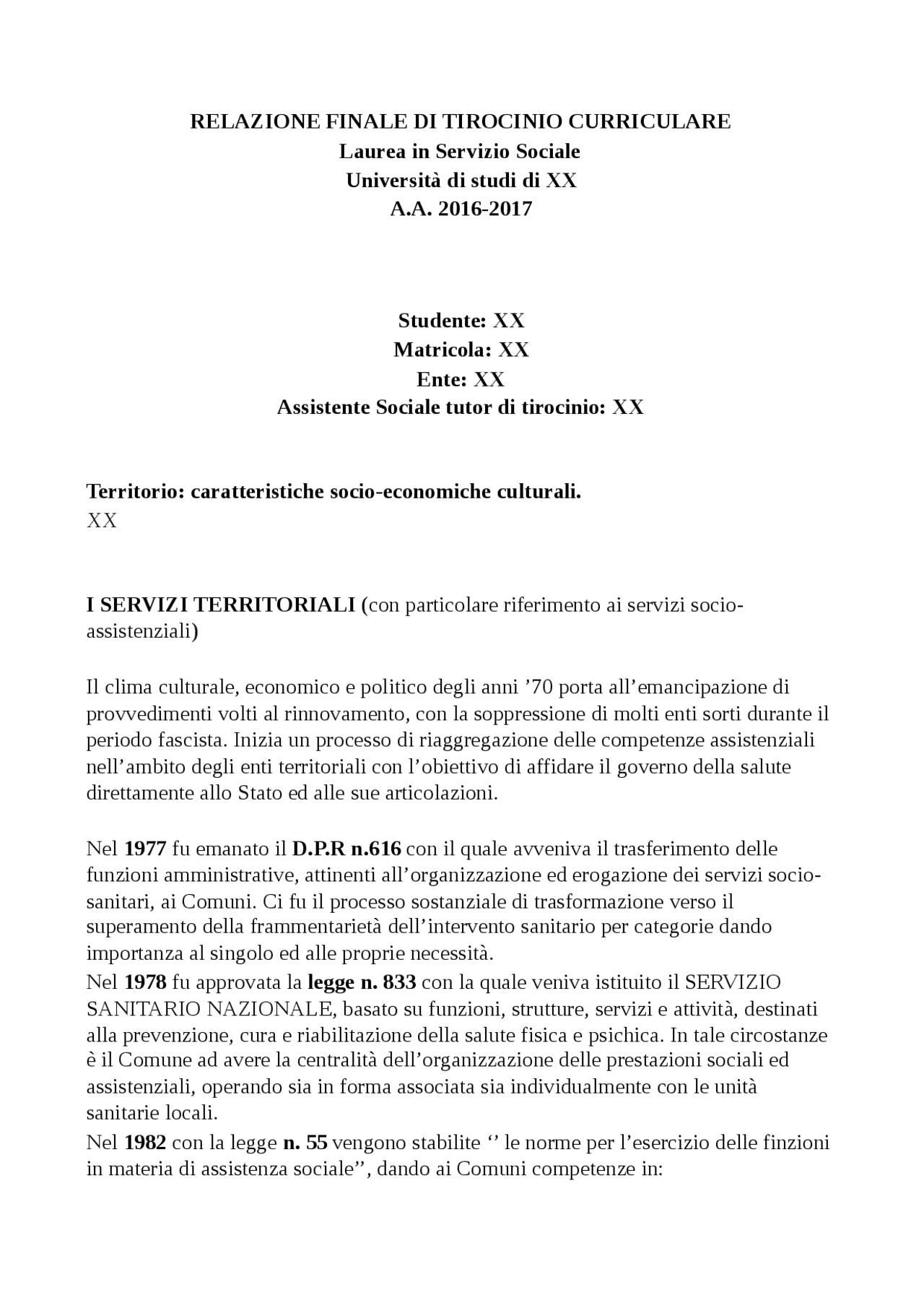 Relazione Del Percorso Tirocinante Svolto In Sede Comune Docsity