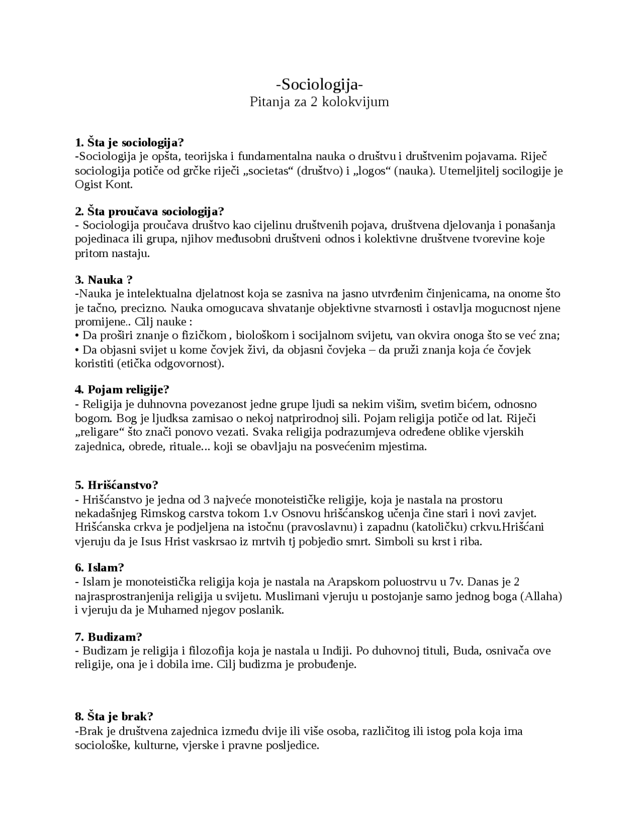 Sociologija pitanja i odgovori | Skripte' predlog Opšta sociologija - Docsity
