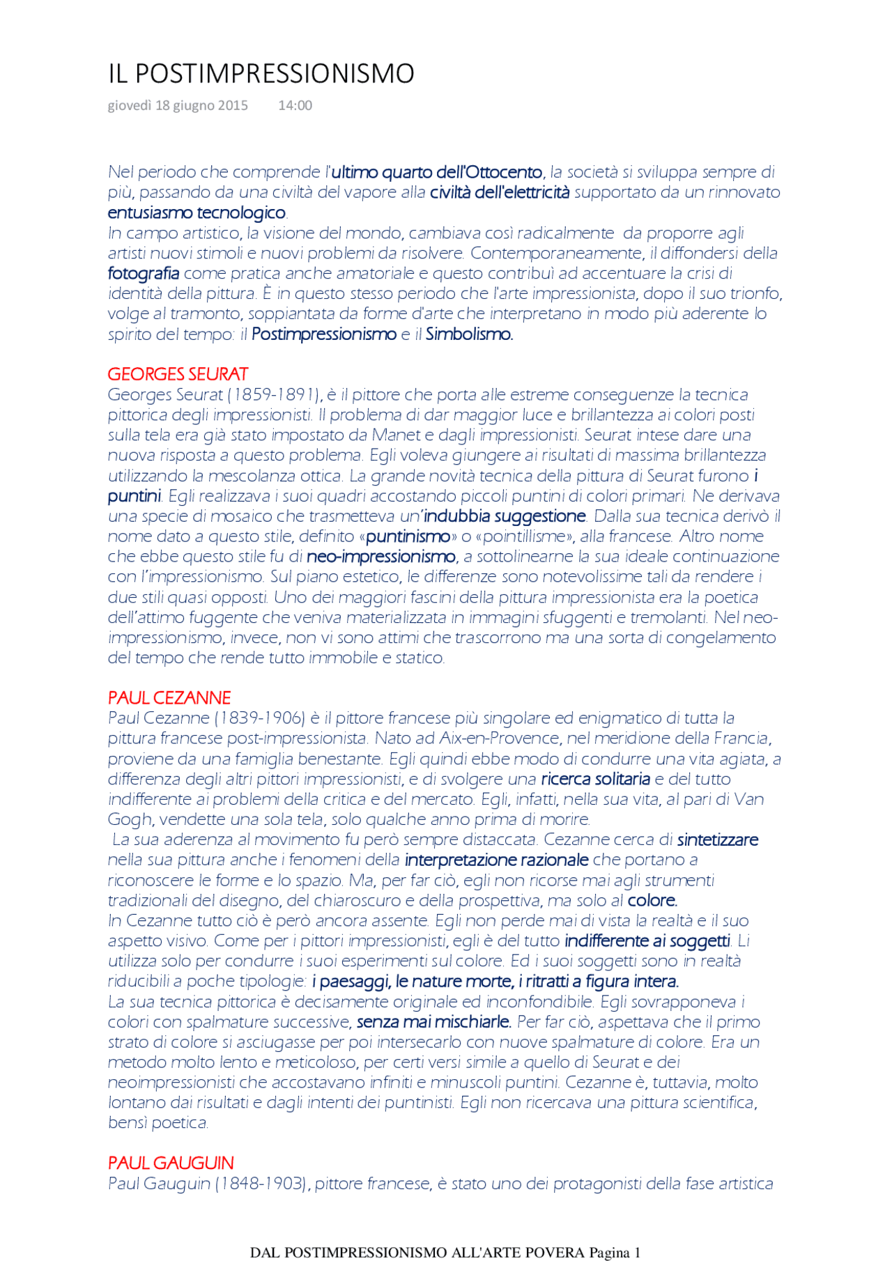 Dal Postimpressionismo Allarte Povera Docsity